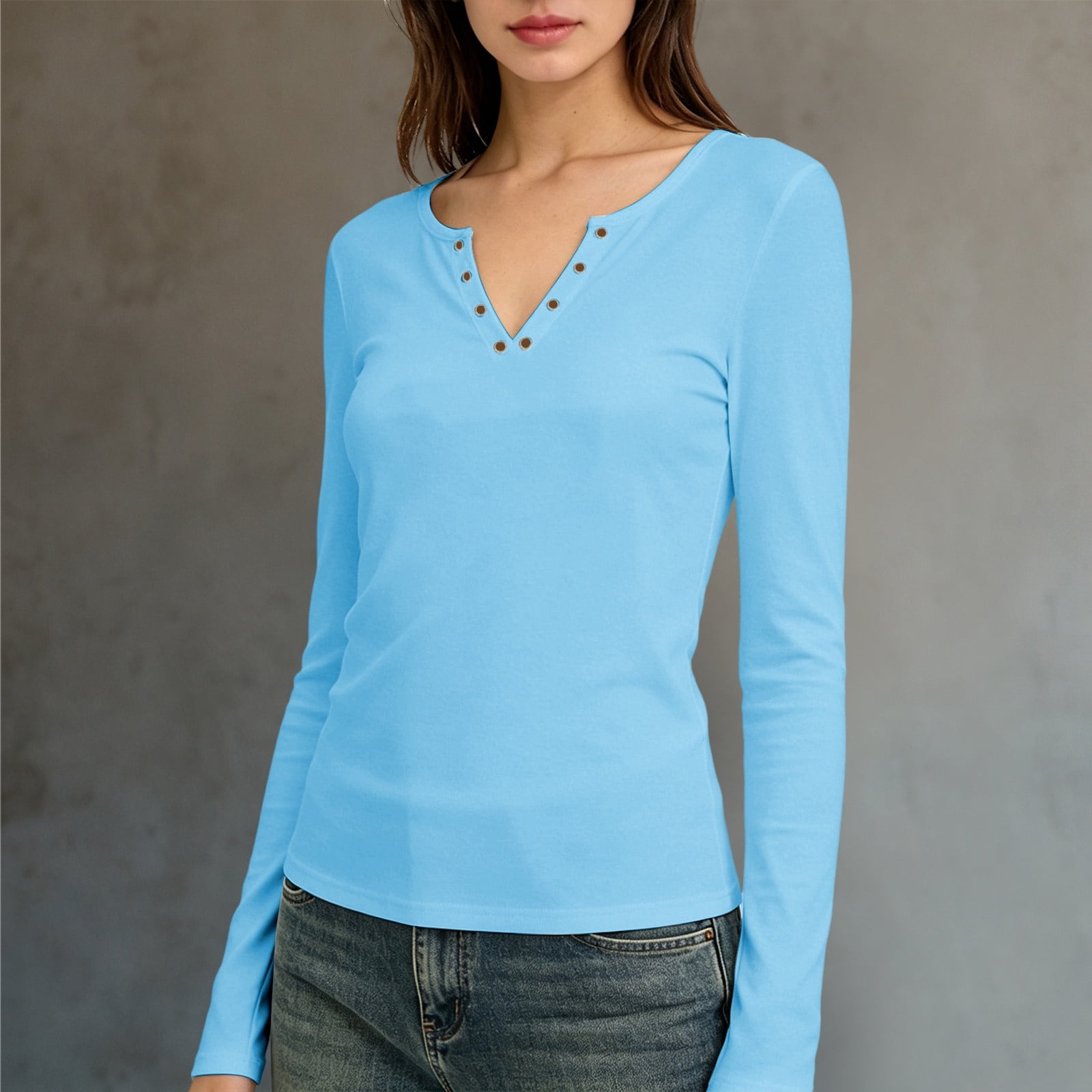 CUSTG Women Casual Shirts Summer Fashion V Neck Solid Color Long ...