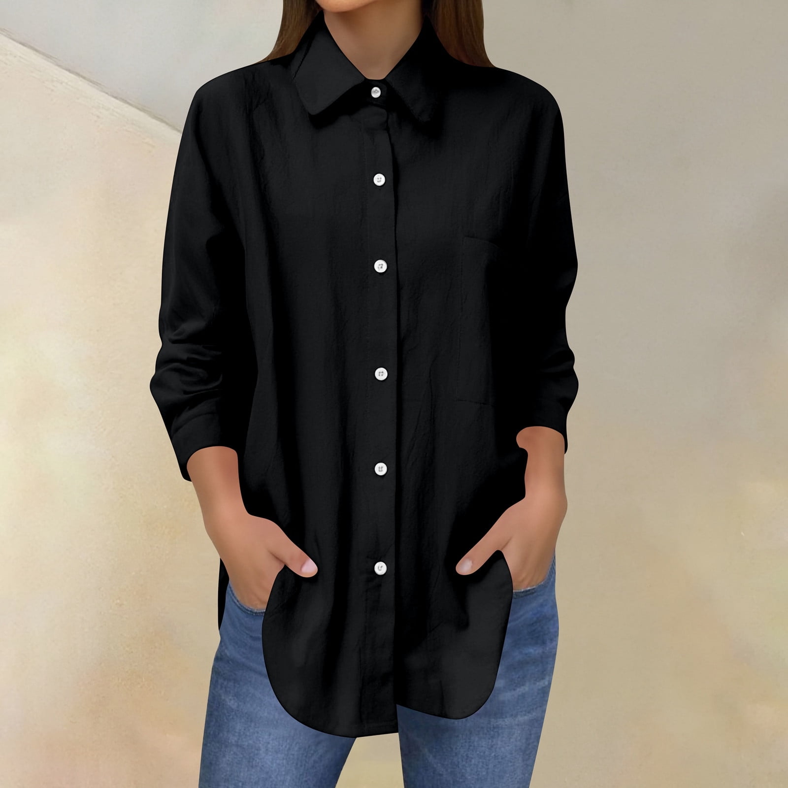 CUSTG Women Casual Shirts Summer Long Sleeve Solid Color Fashion Lapel ...