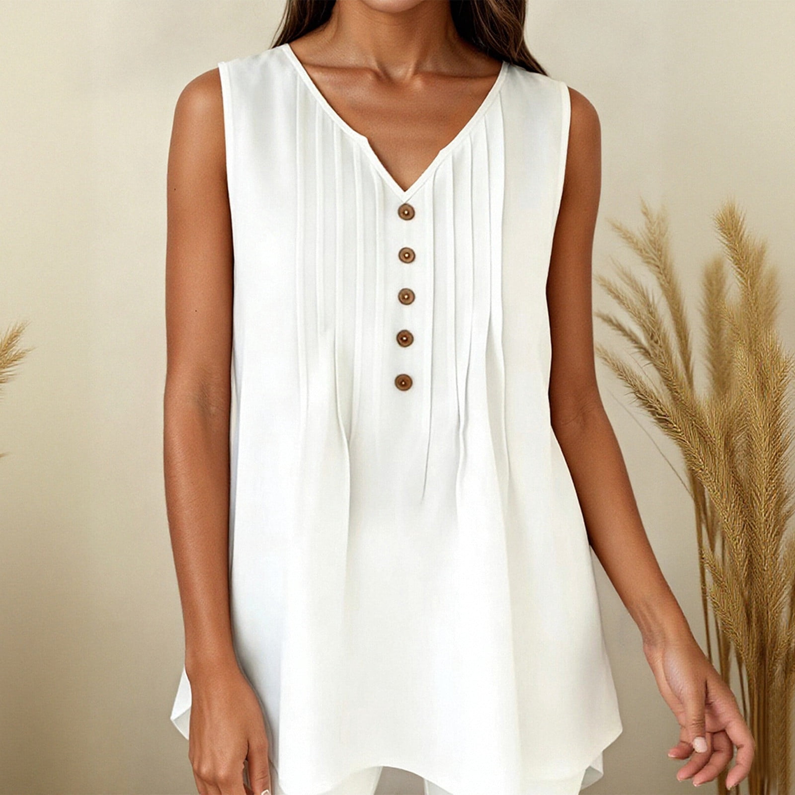CUSTG Women Casual Shirts Summer Sleeveless V Neck Pleated Solid Color ...