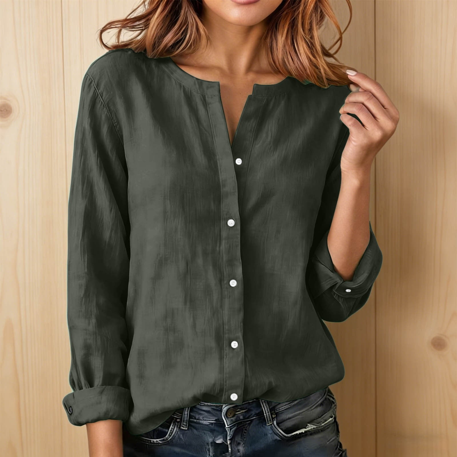 CUSTG Women Casual Shirts Summer Solid Color Relaxed Fit Long Sleeve ...