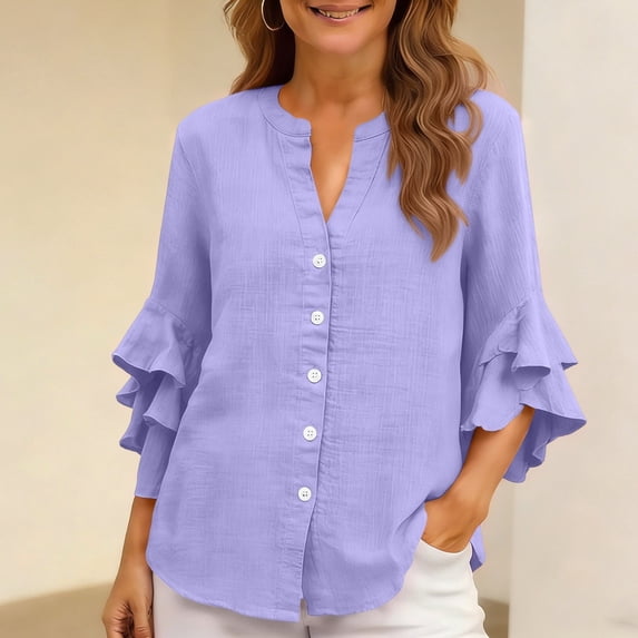 CUSTG Women Casual Shirts Summer Solid Color Ruffled 3/4 Sleeve Loose V ...
