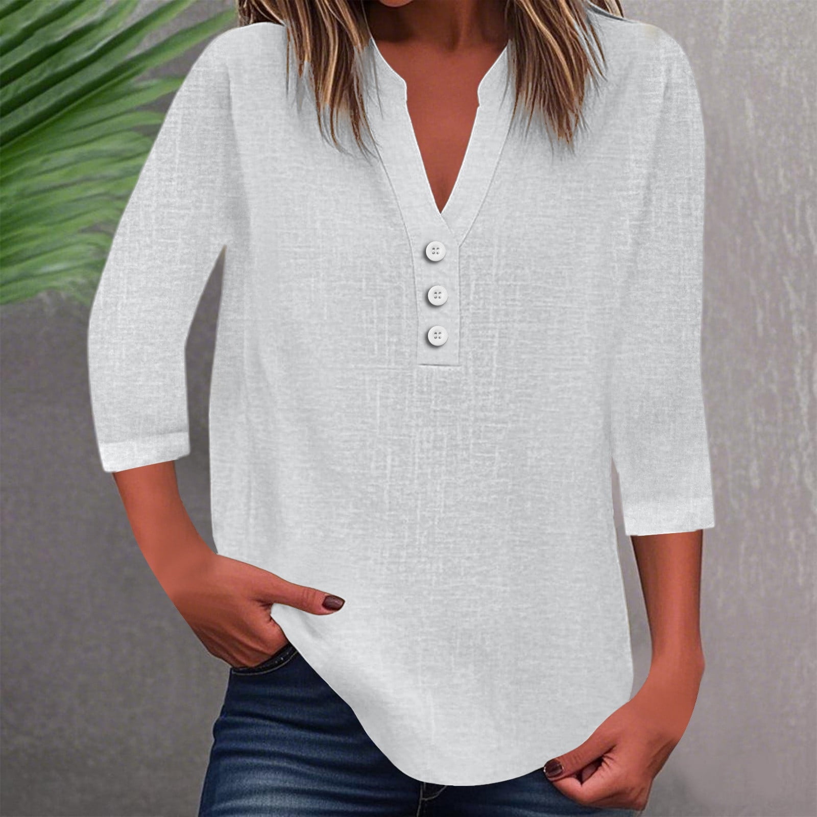 CUSTG Women Casual Shirts Summer Solid Color V Neck Button Up 3/4 ...