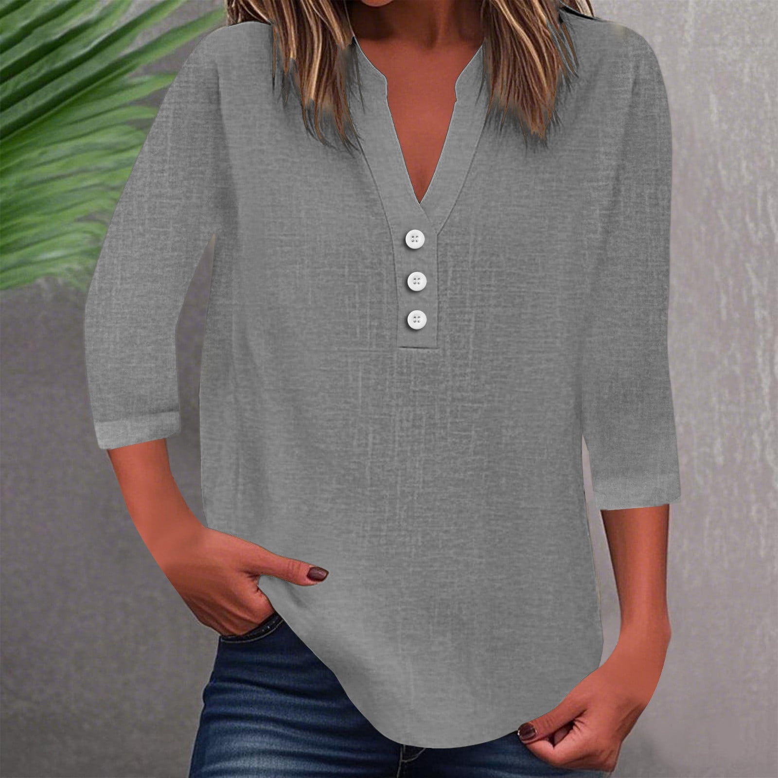 CUSTG Women Casual Shirts Summer Solid Color V Neck Button Up 3/4 ...