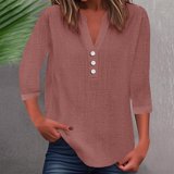 CUSTG Women Casual Shirts Summer Solid Color V Neck Button Up 3/4 ...