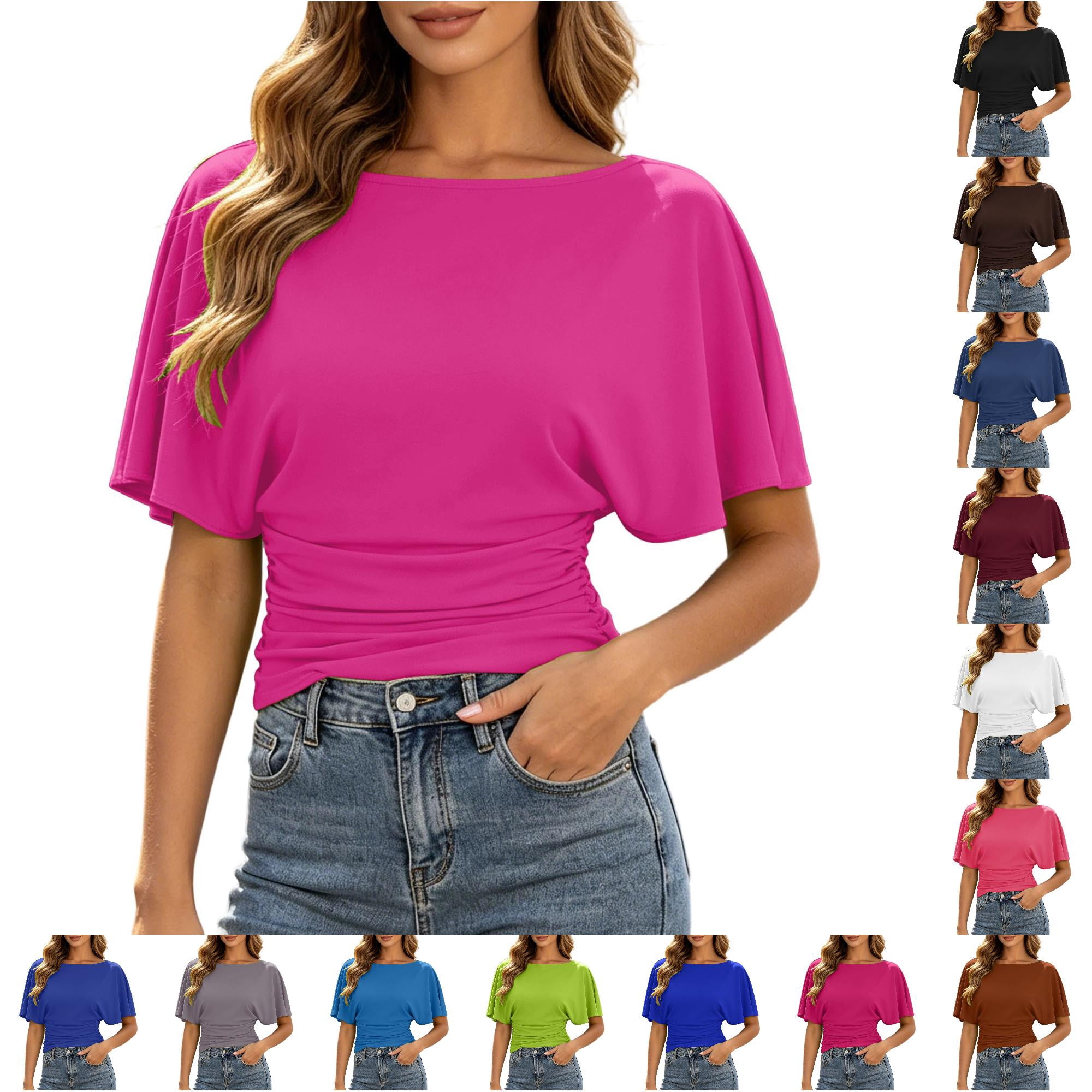 CUSTG Women Elegant Batwing Sleeve Solid Color Round Neck T-Shirt For ...