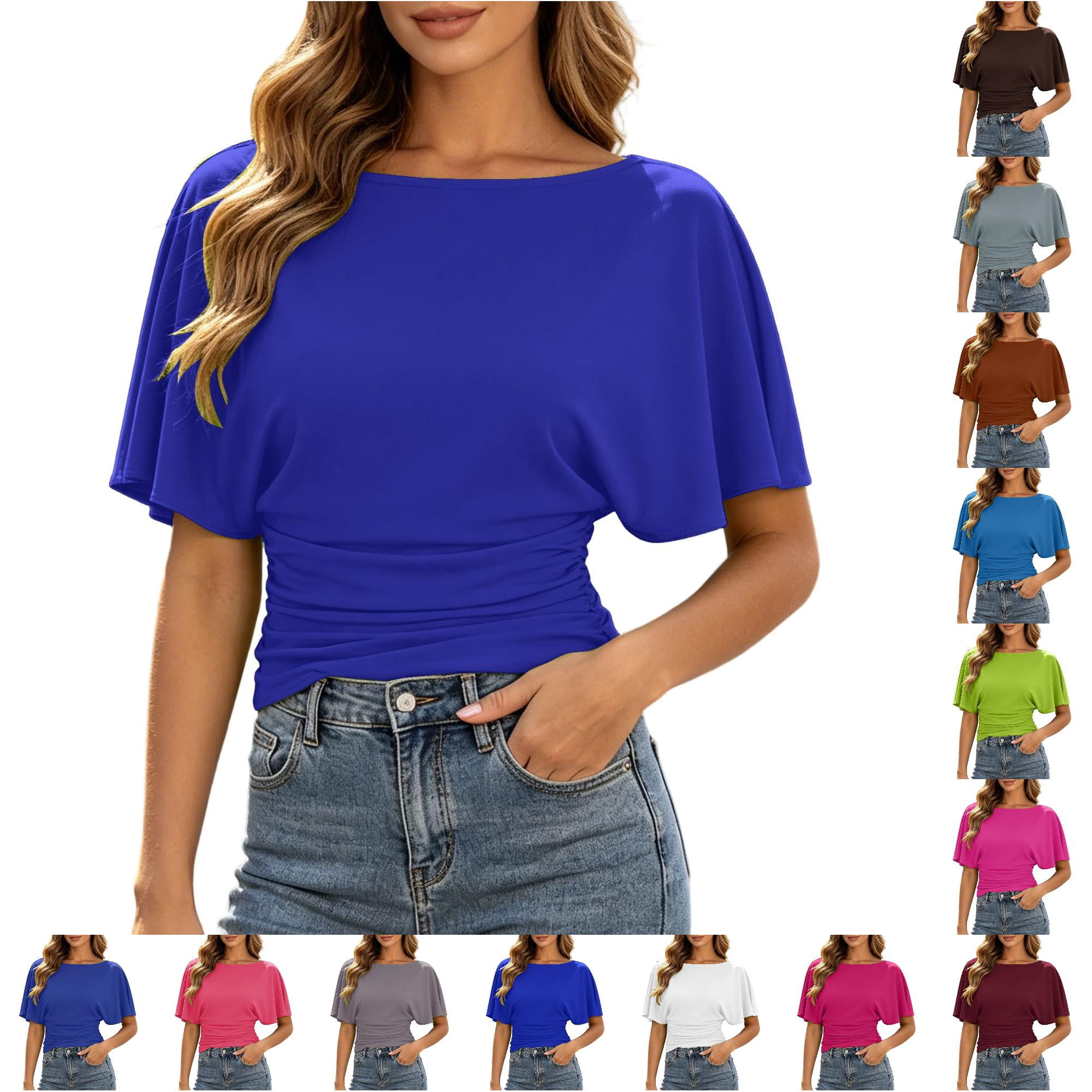 CUSTG Women Elegant Batwing Sleeve Solid Color Round Neck T-Shirt For ...