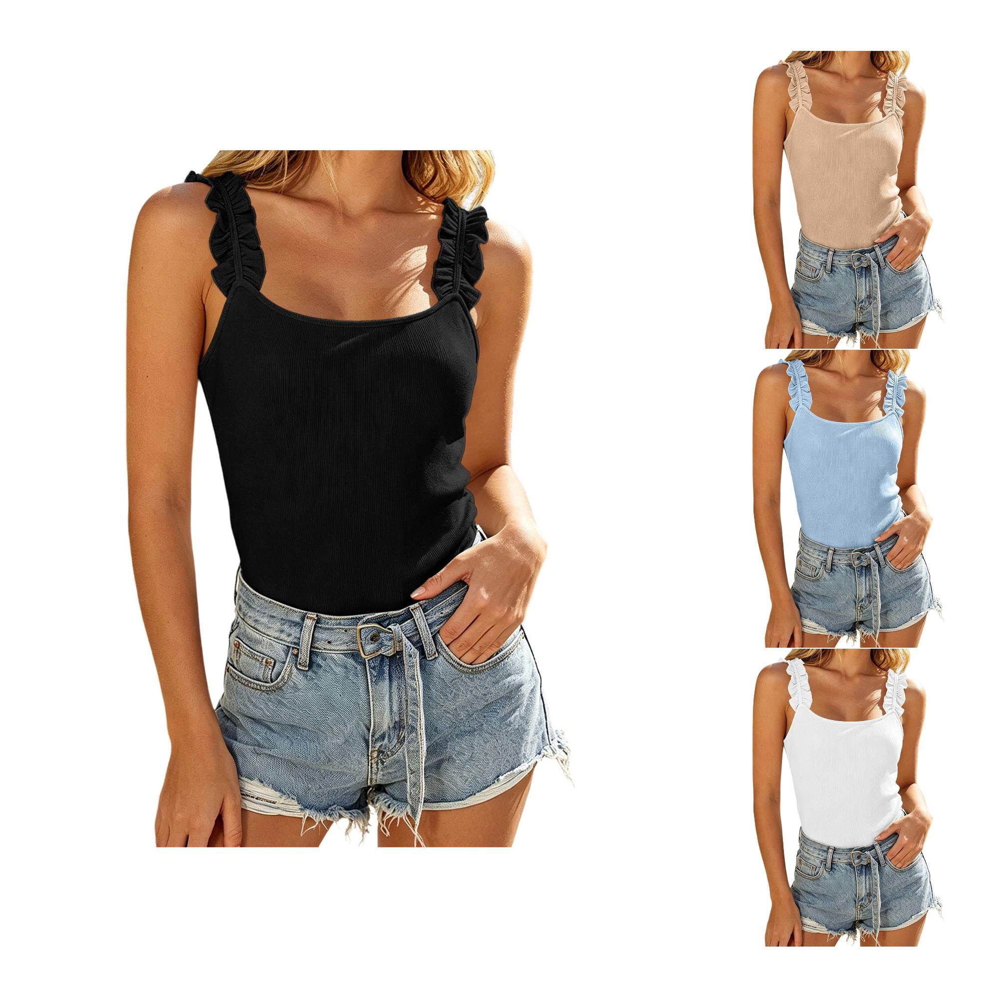 CUSTG Women Solid Color Camis Sleeveless Elegant Knit Tank Tops Ruffled ...
