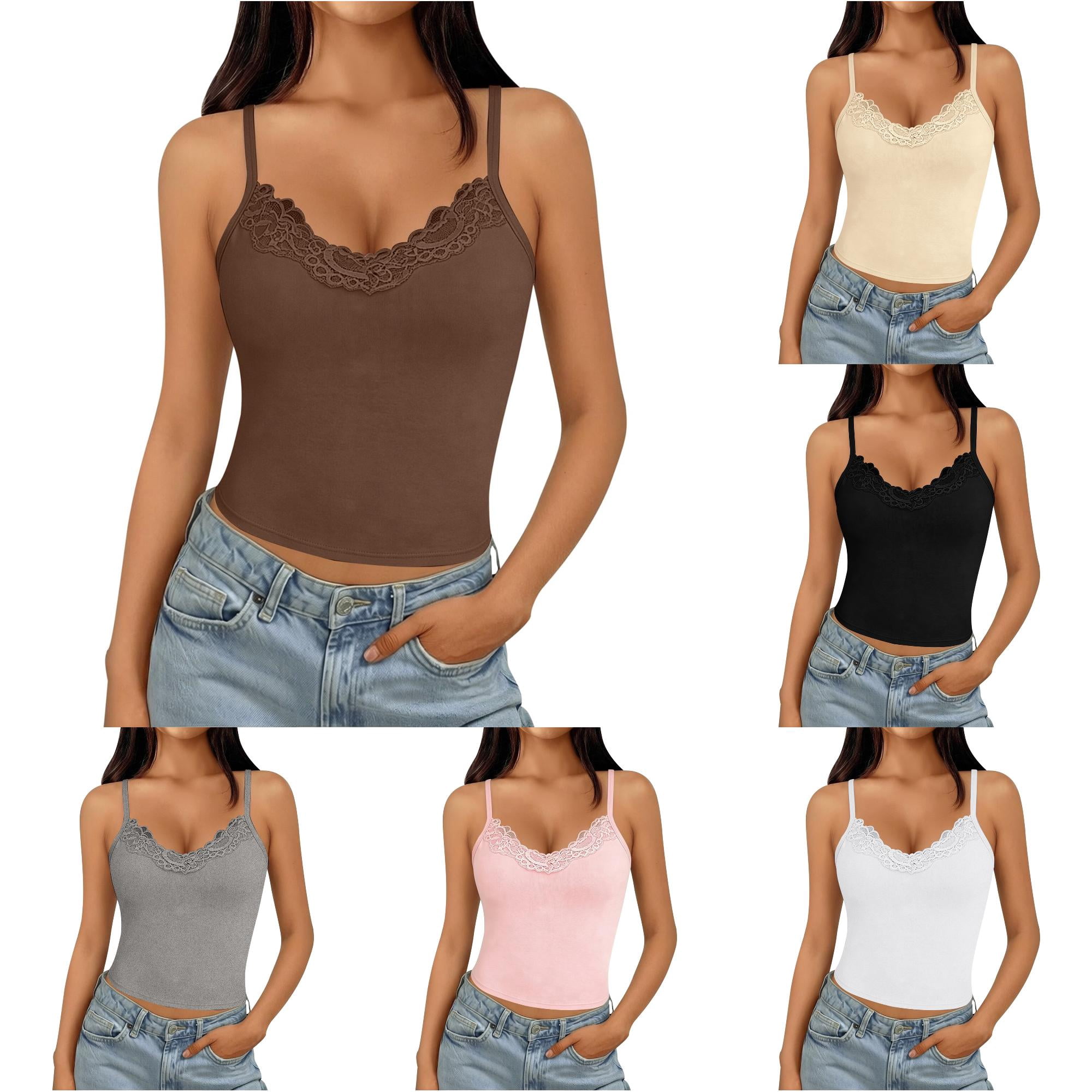 CUSTG Women Solid Color Camis Sleeveless Lady V-Neck Lace Patchwork ...