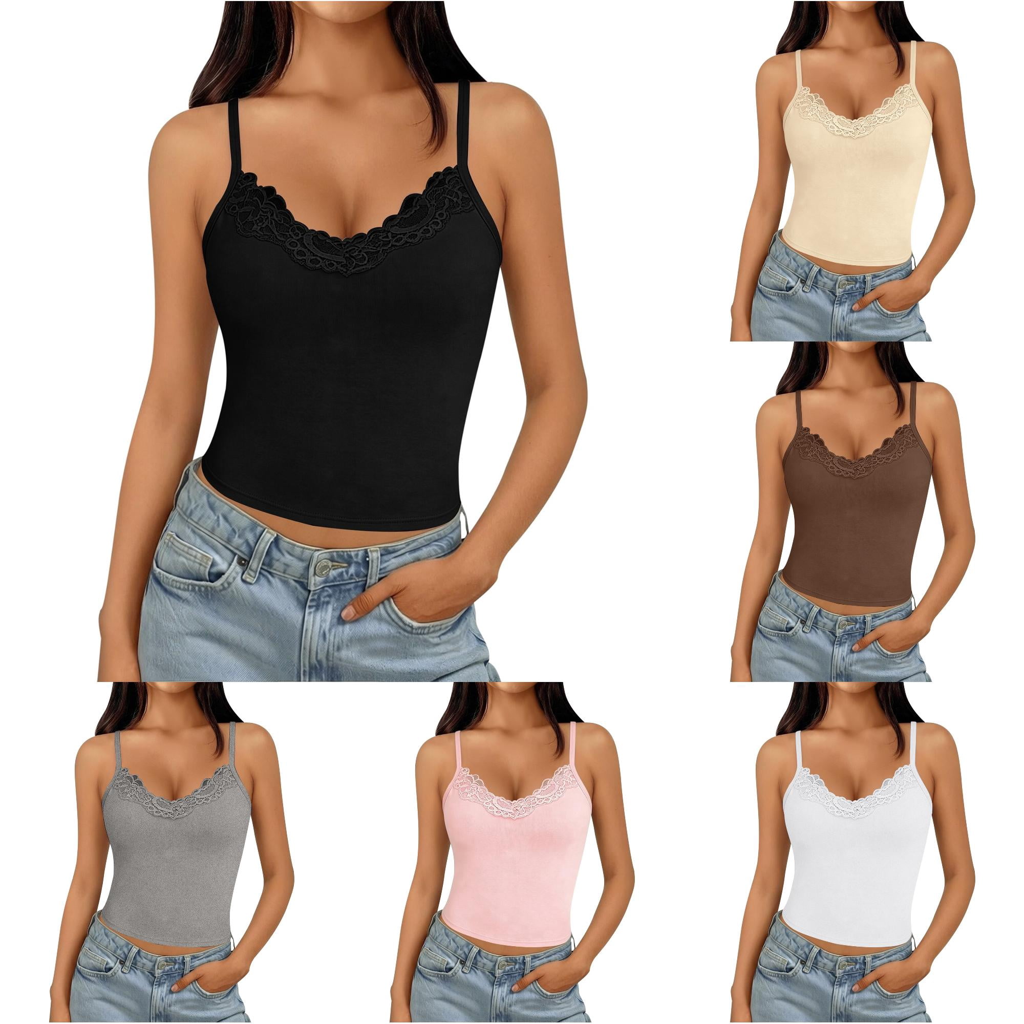 CUSTG Women Solid Color Camis Sleeveless Lady V-Neck Lace Patchwork ...