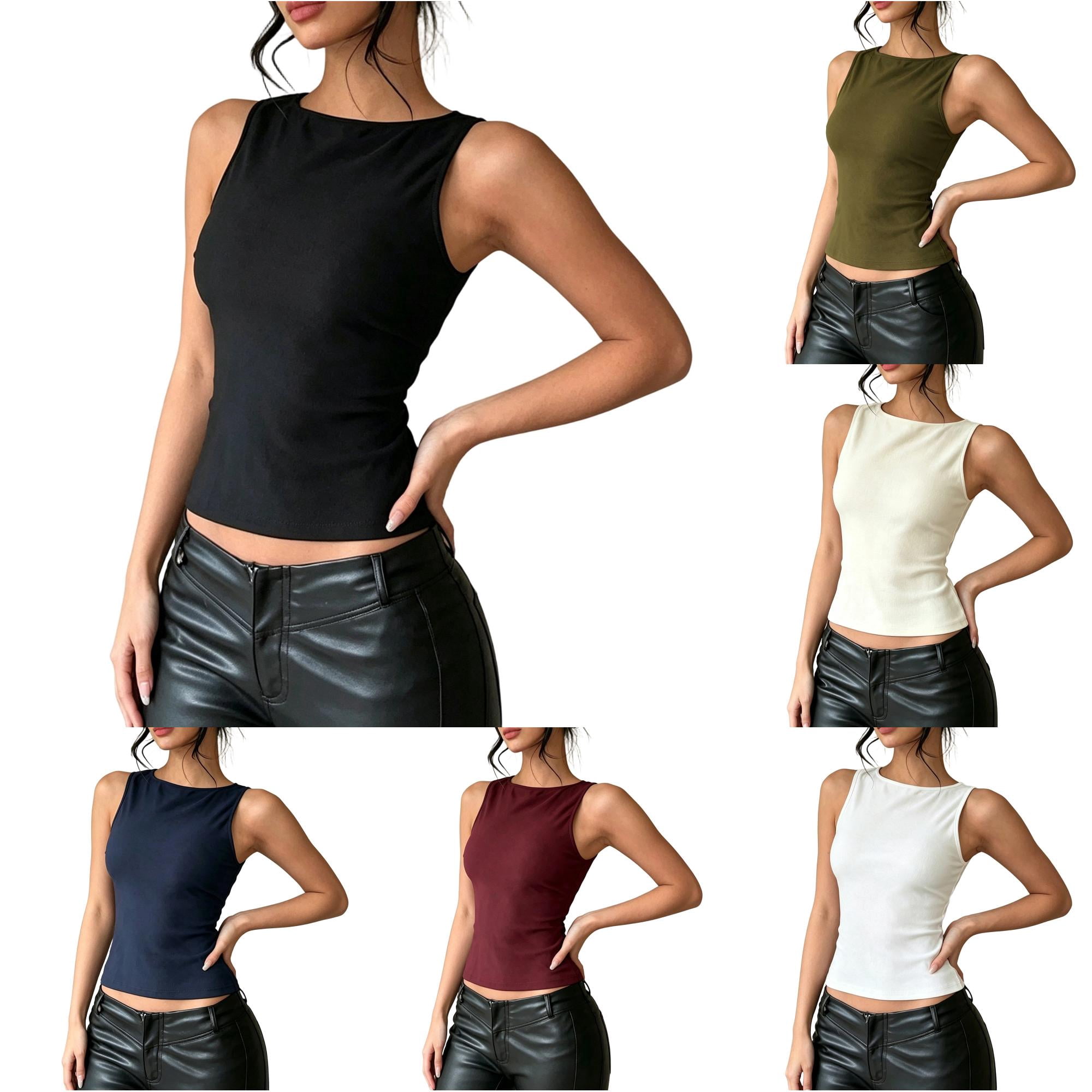 CUSTG Women Solid Color Camis Sleeveless Stretch O-Neck Fitted Bodice ...