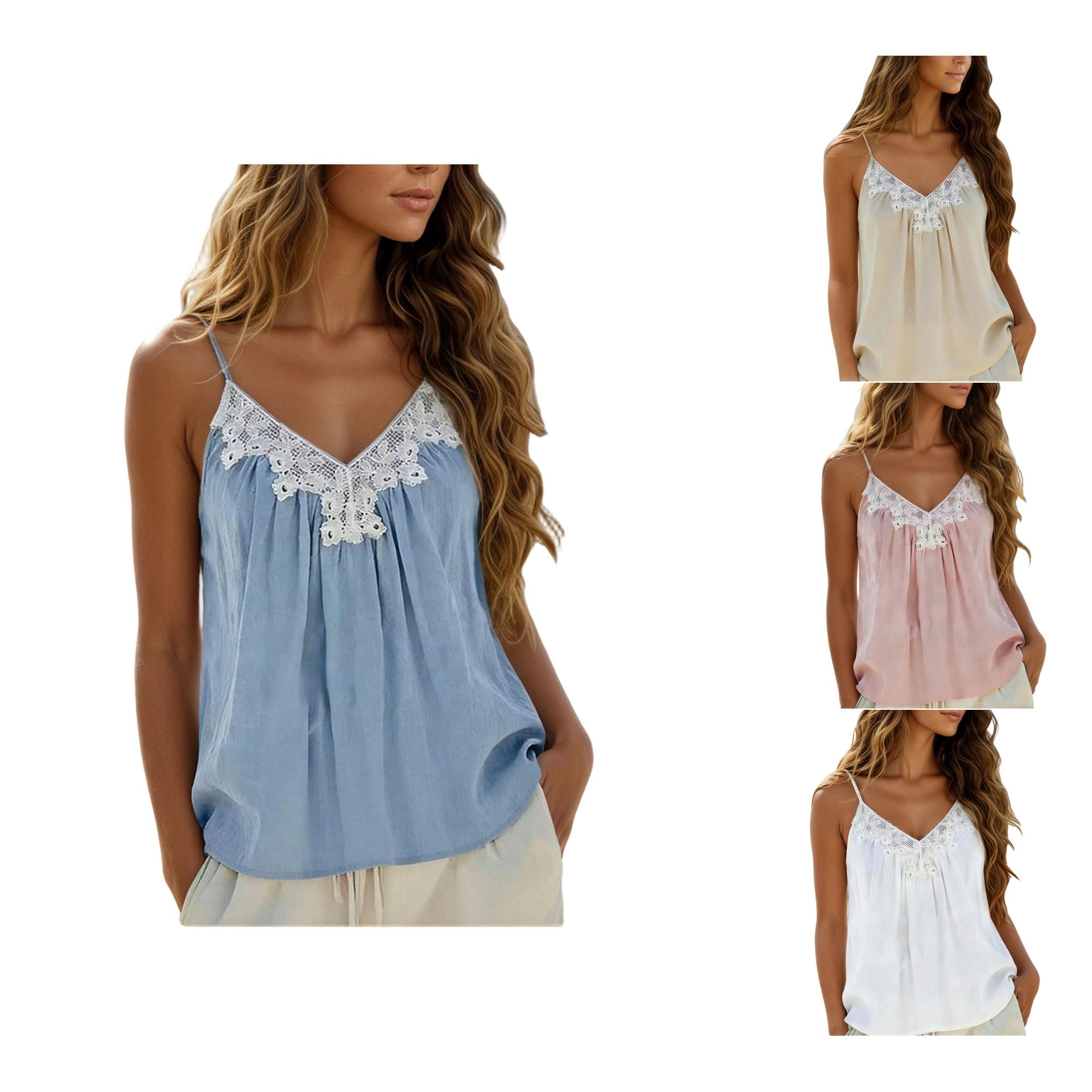 CUSTG Women Solid Color Camis Sleeveless Summer V-Neck Lace Spaghetti ...