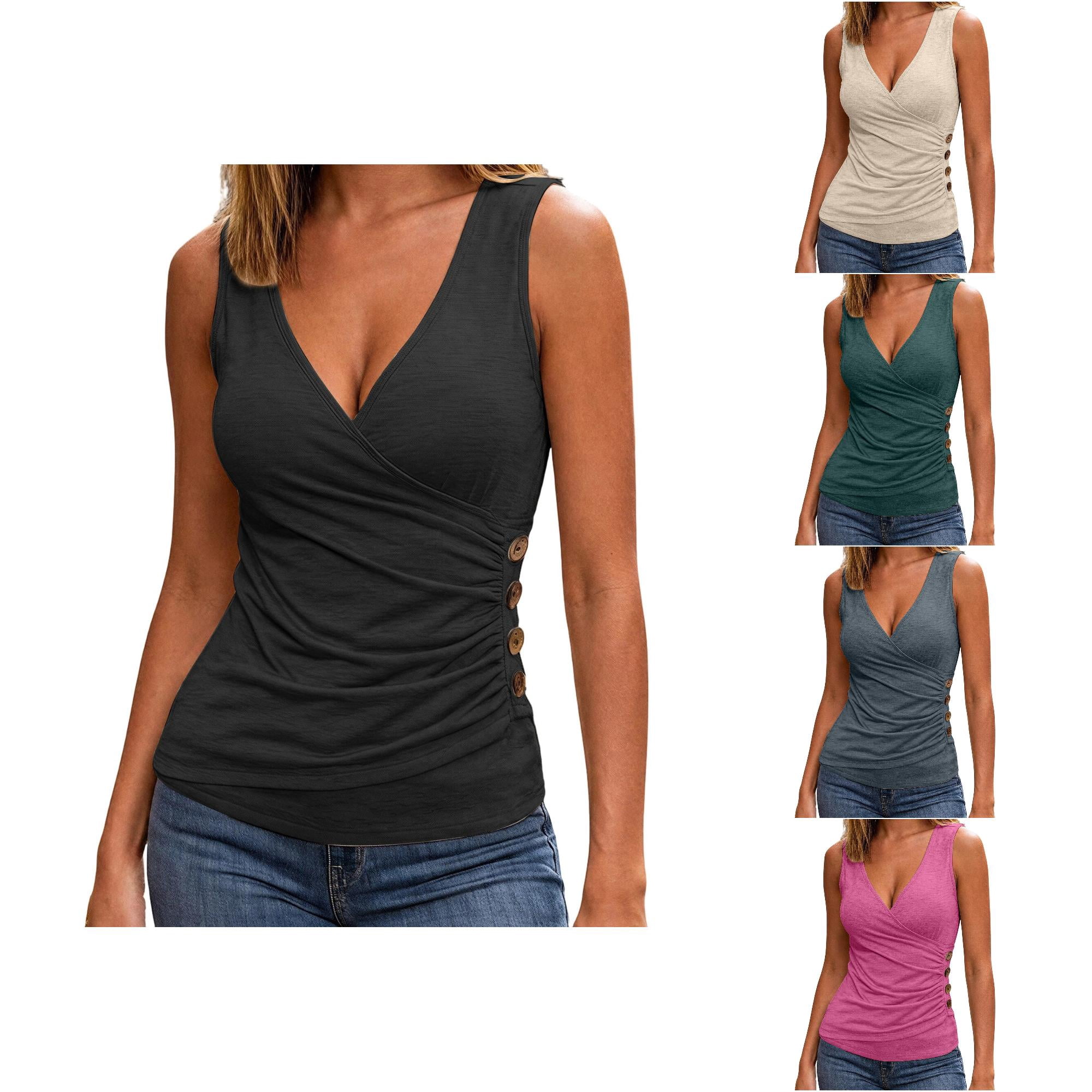 CUSTG Women Solid Color Camis Sleeveless V-Neck Fitted Ruched Tank Tops ...