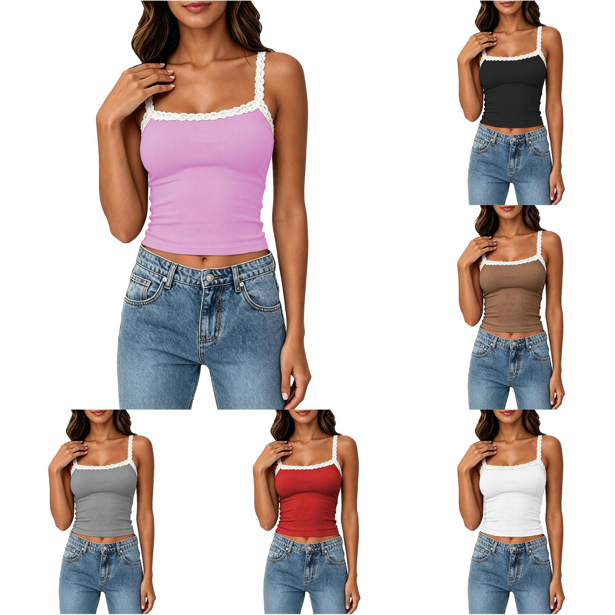 CUSTG Women Solid Color Sleeveless Lace Trim Camisole Summer Layering ...