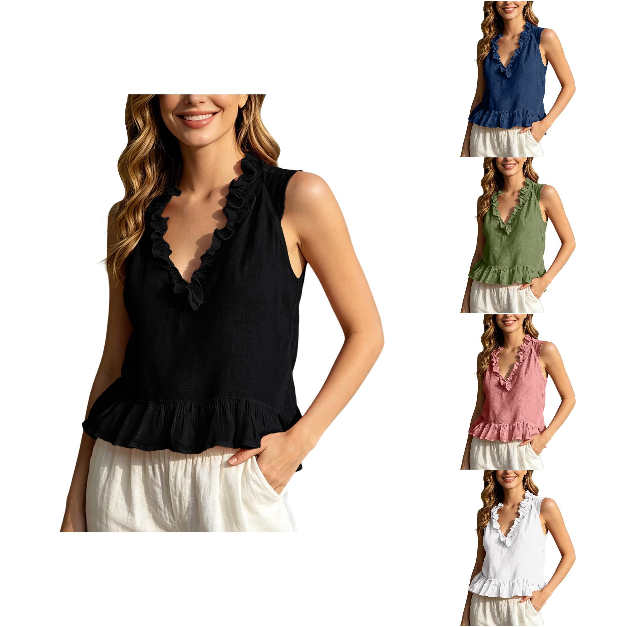 CUSTG Women Solid Color Sleeveless V-Neck Ruffle Tank Tops Casual ...