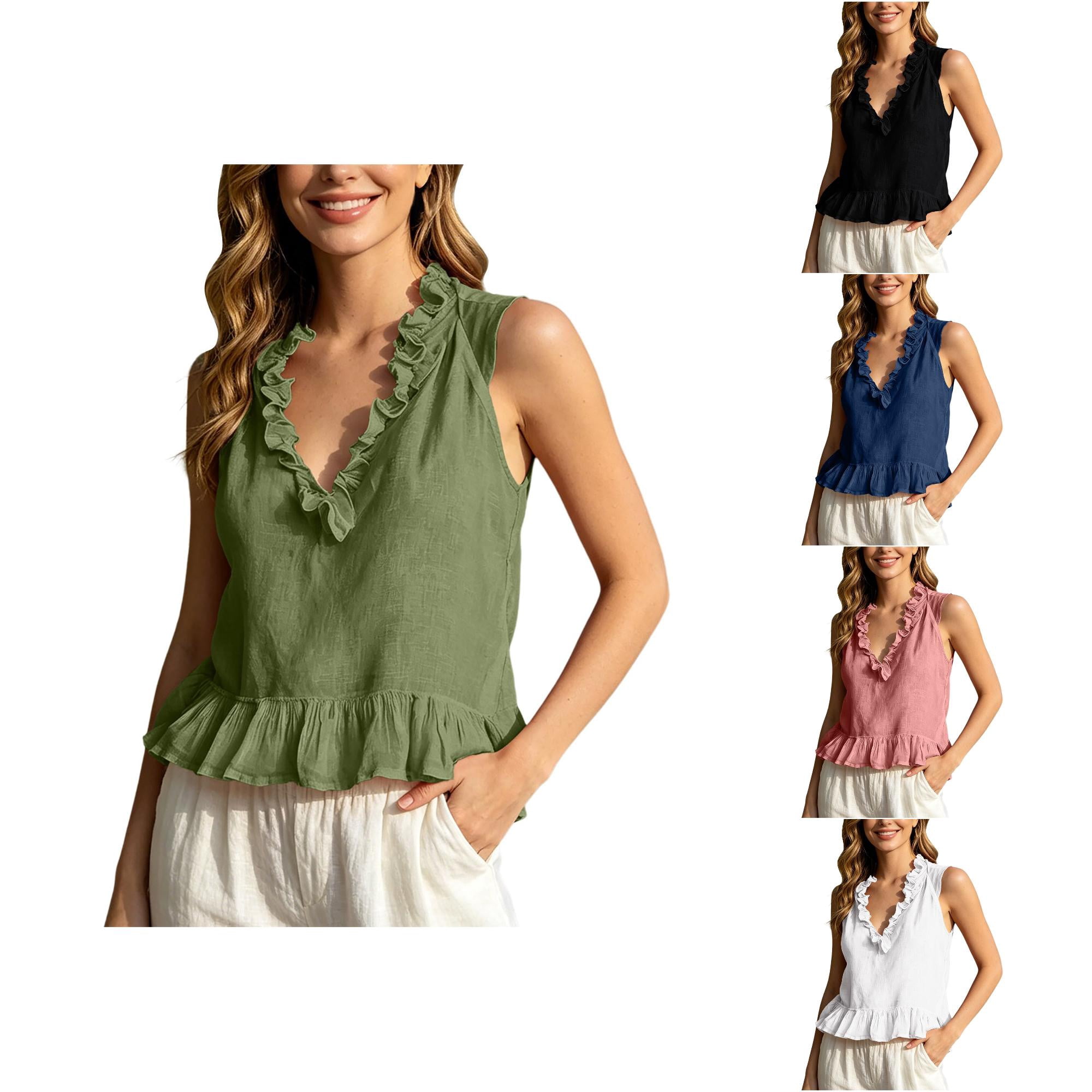 CUSTG Women Solid Color Sleeveless V-Neck Ruffle Tank Tops Casual ...