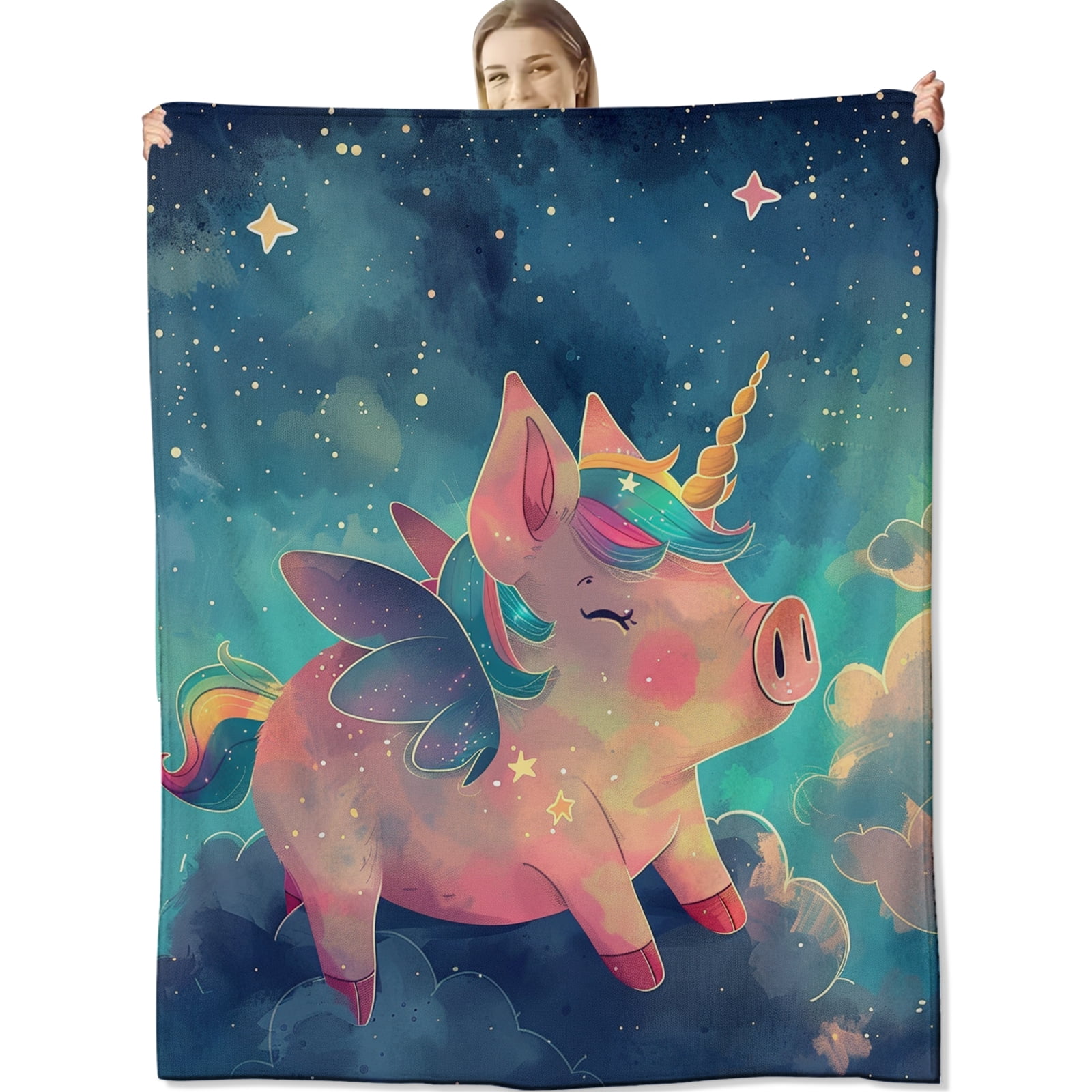 CUSTOM Dreamy Blanket Pig-Unicorn Flannel 60x80 Inch Cute Pink Pig with ...