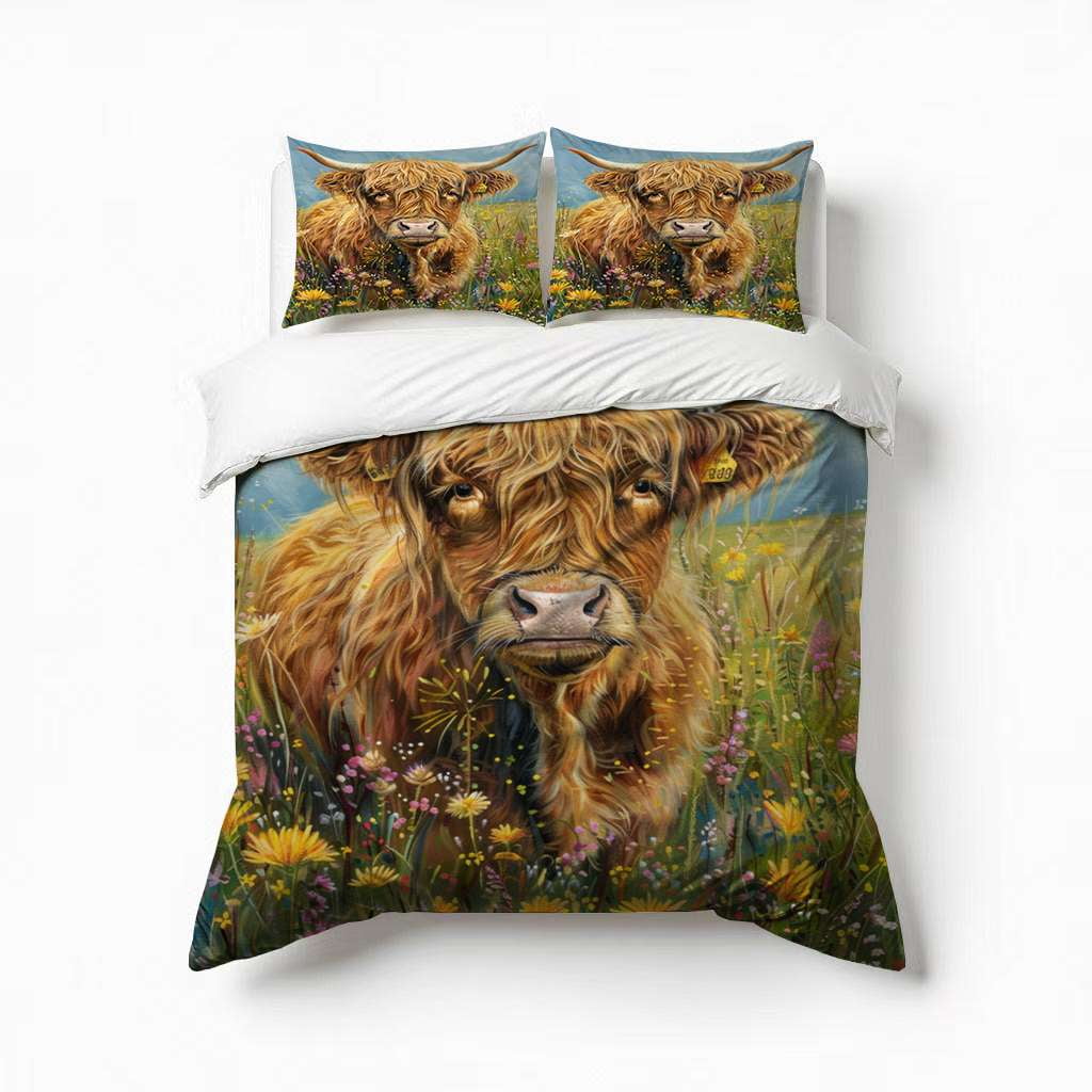 CUTE HIGHLAND COW WILD FLOWERS Bedding Set 3 Pcs Soft Microfiber Quilt ...