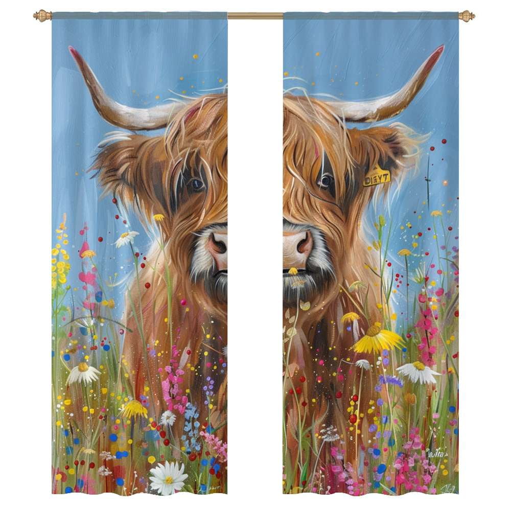 CUTE HIGHLAND COW WILD FLOWERS Modern Tulle Window Curtains for Living ...