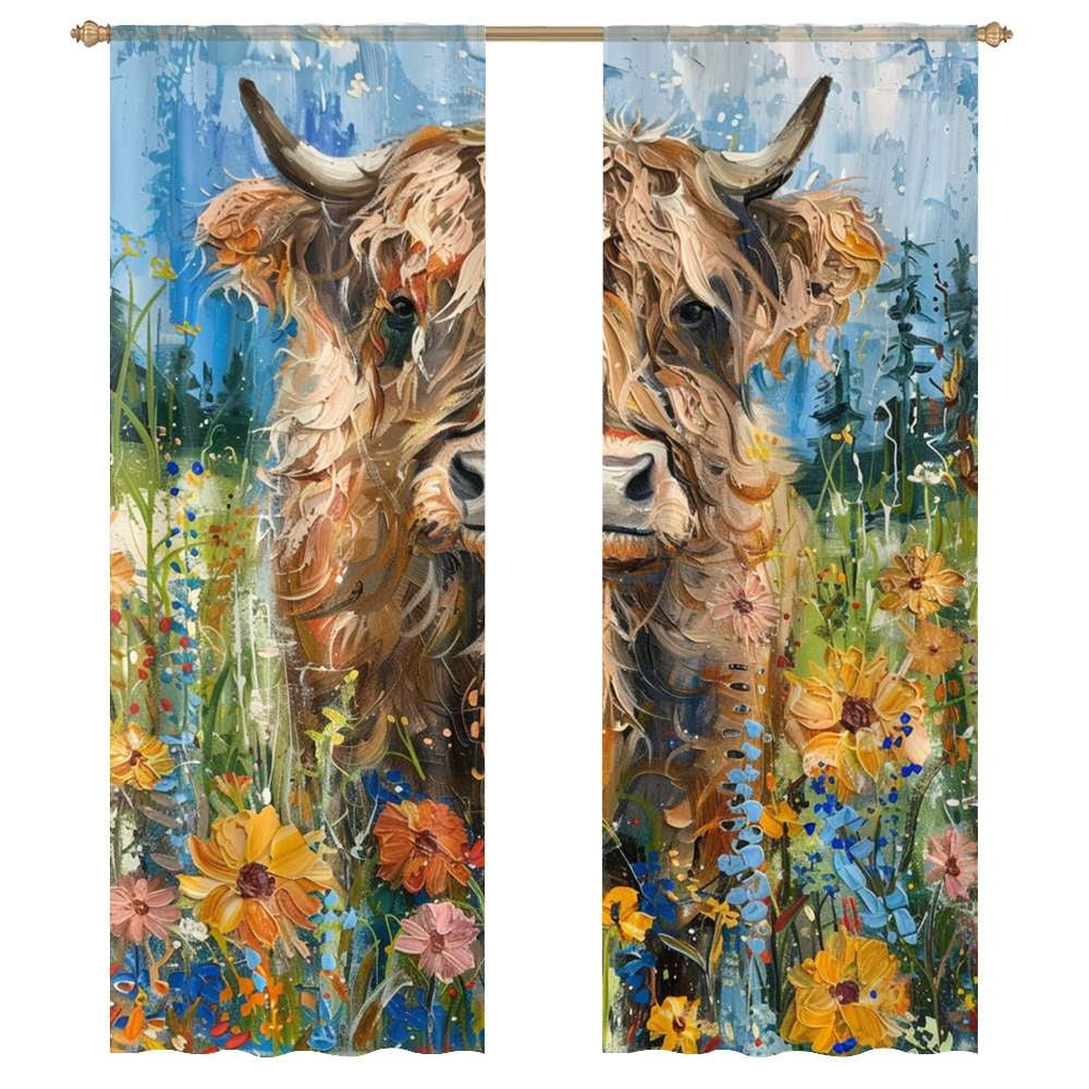 CUTE HIGHLAND COW WILD FLOWERS Modern Tulle Window Curtains for Living ...