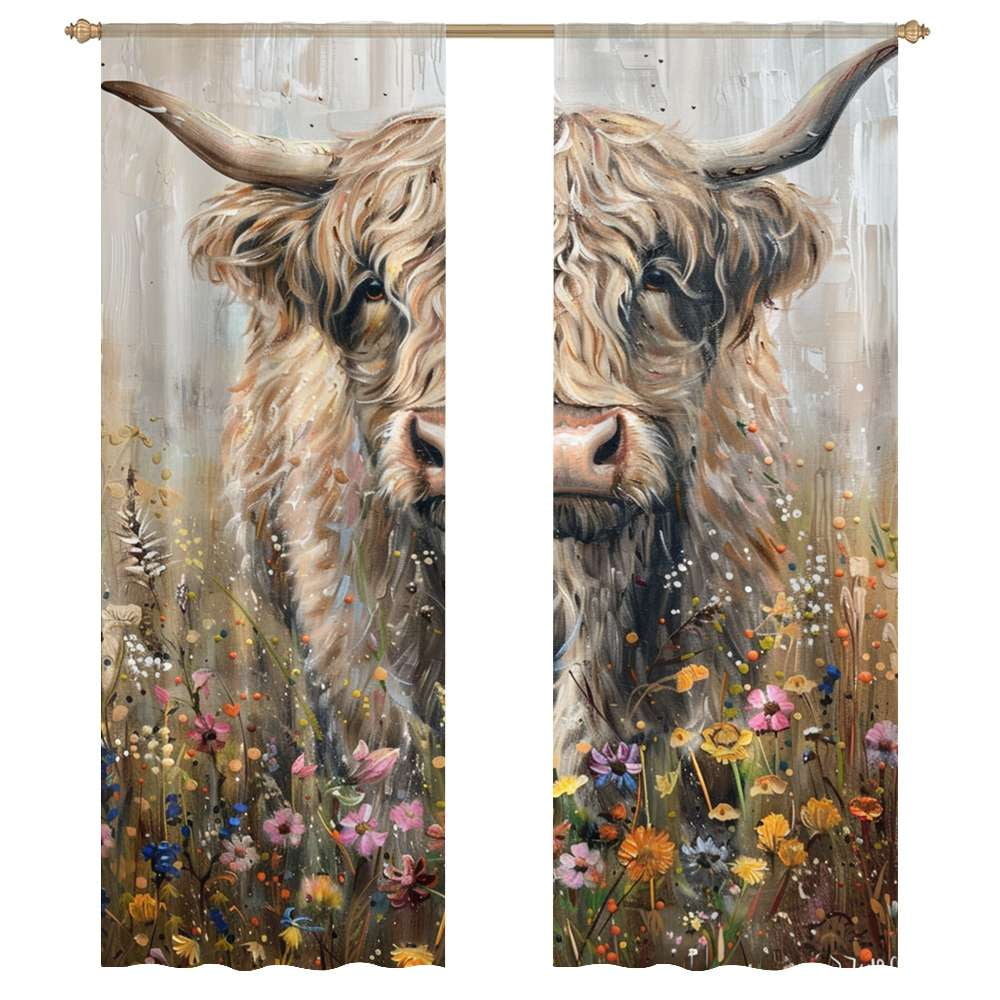 CUTE HIGHLAND COW WILD FLOWERS Sheer Voile Curtain Window Tulle Curtains For Living Room Bedroom ...