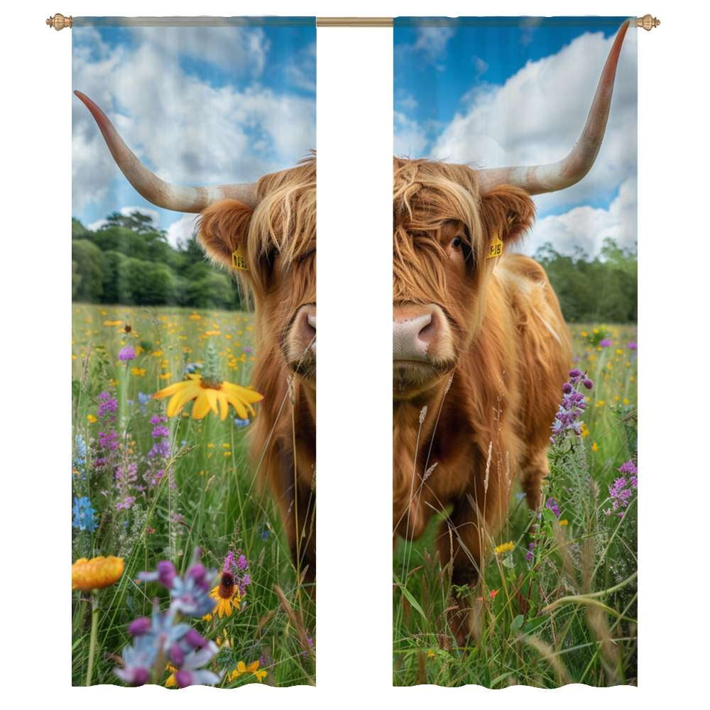 CUTE HIGHLAND COW WILD FLOWERS Sheer Voile Curtain Window Tulle Curtains For Living Room Bedroom ...