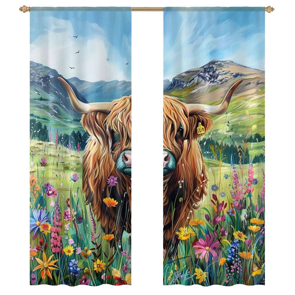 CUTE HIGHLAND COW WILD FLOWERS Sheer Voile Curtain Window Tulle Curtains For Living Room Bedroom ...