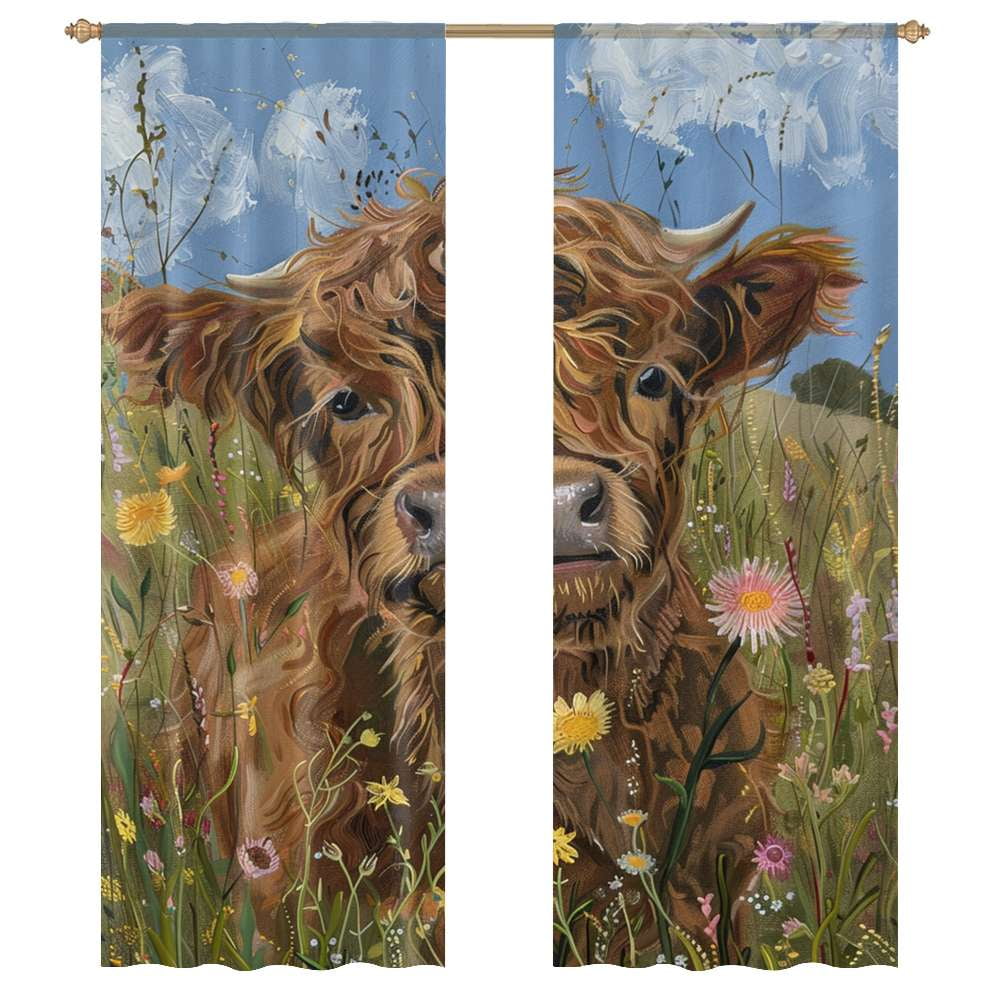 CUTE HIGHLAND COW WILD FLOWERS Sheer Window Curtains for Living Room ...