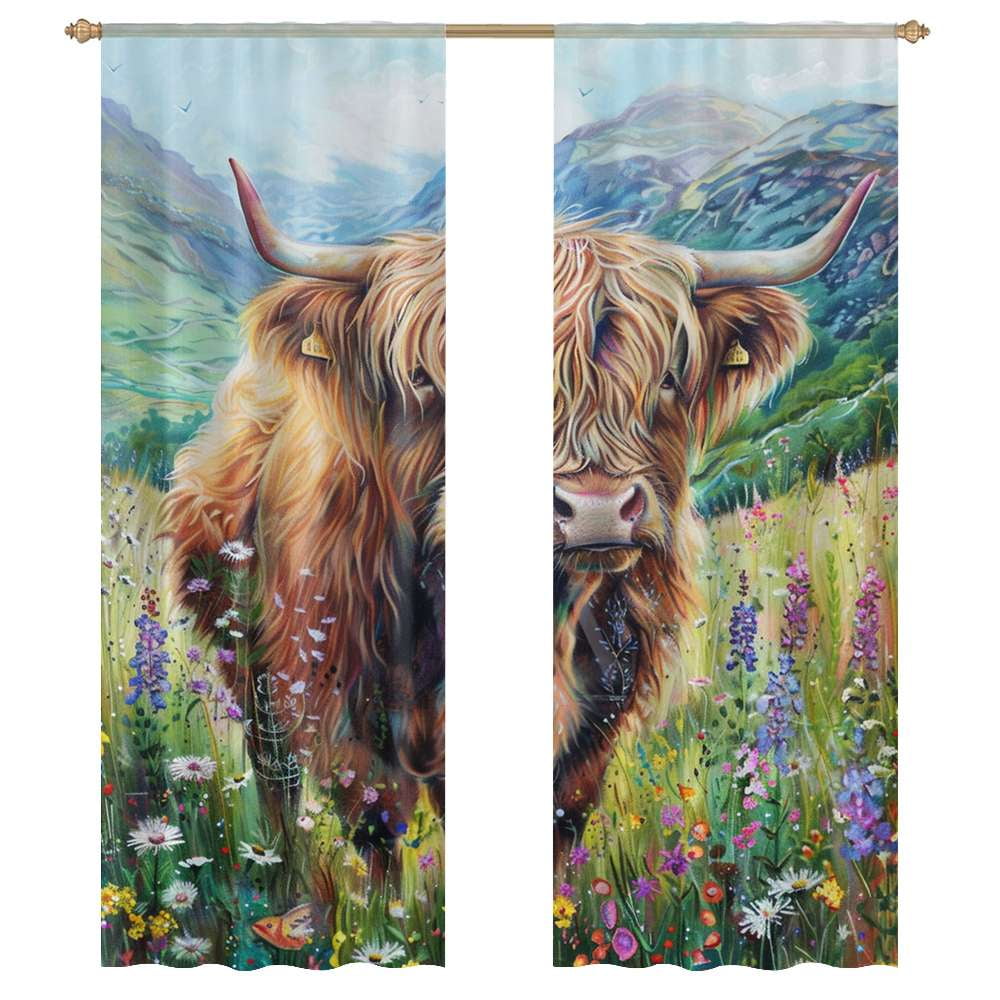 CUTE HIGHLAND COW WILD FLOWERS Sheer Window Curtains for Living Room ...