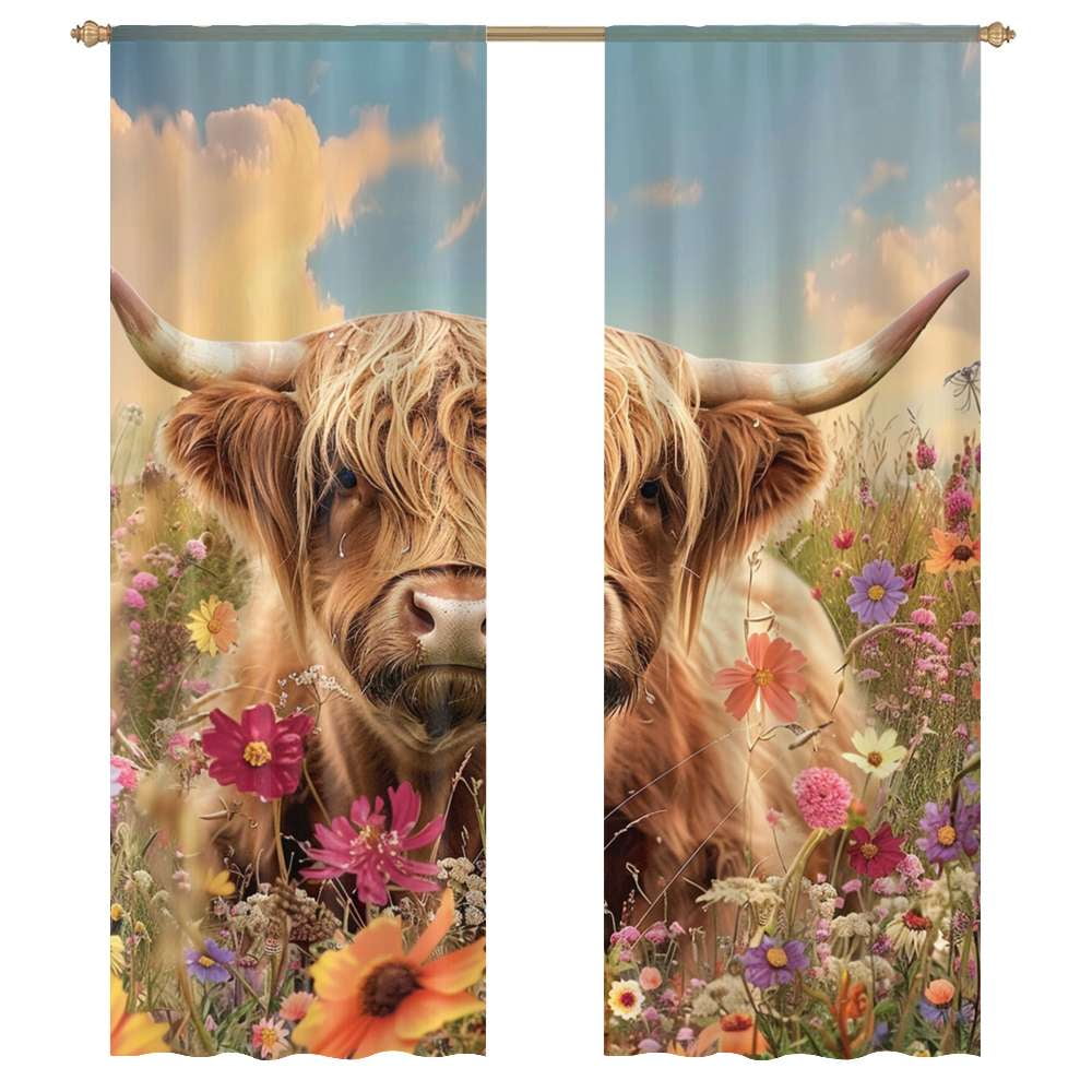 CUTE HIGHLAND COW WILD FLOWERS Sheer Window Curtains for Living Room ...
