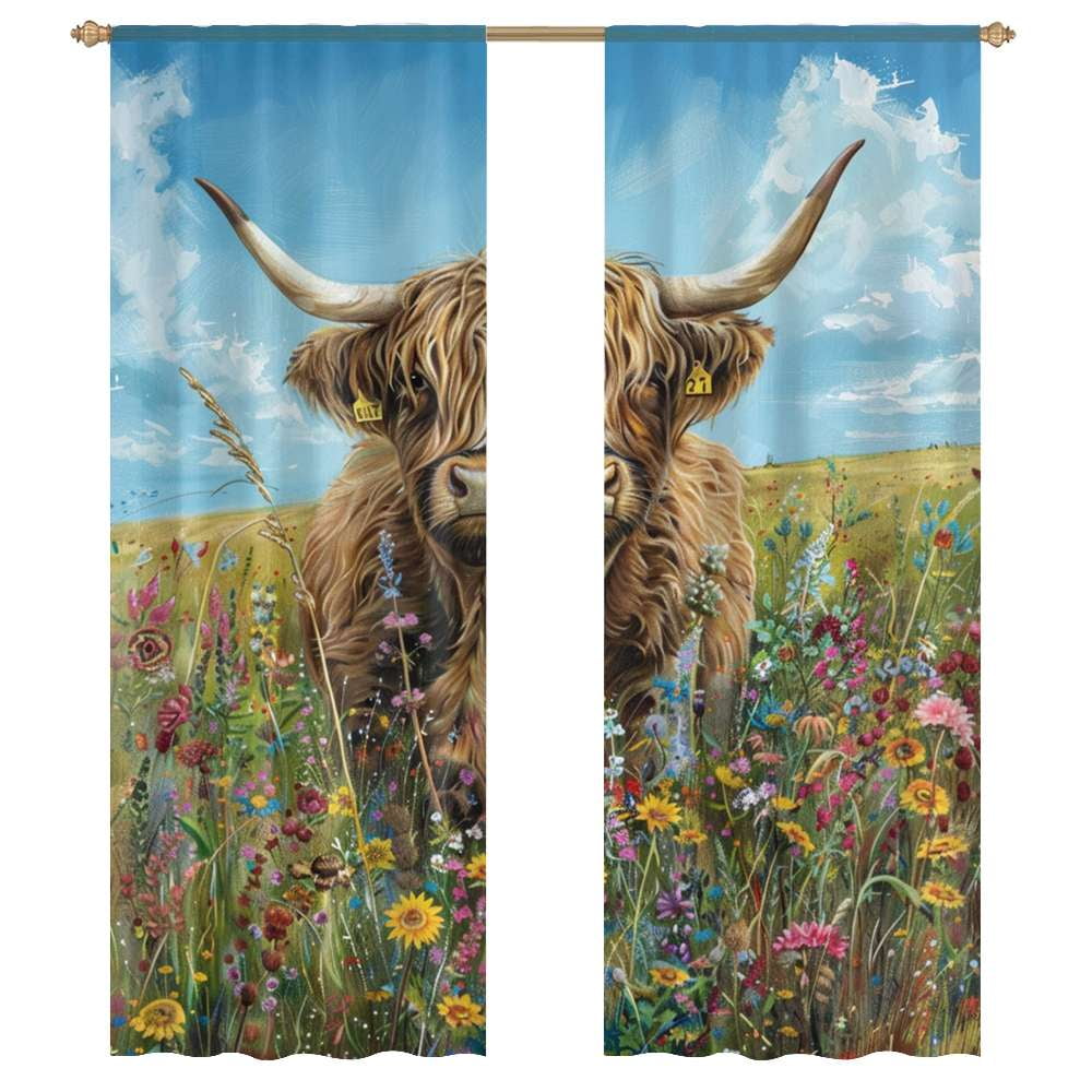 CUTE HIGHLAND COW WILD FLOWERS Sheer Window Curtains for Living Room ...