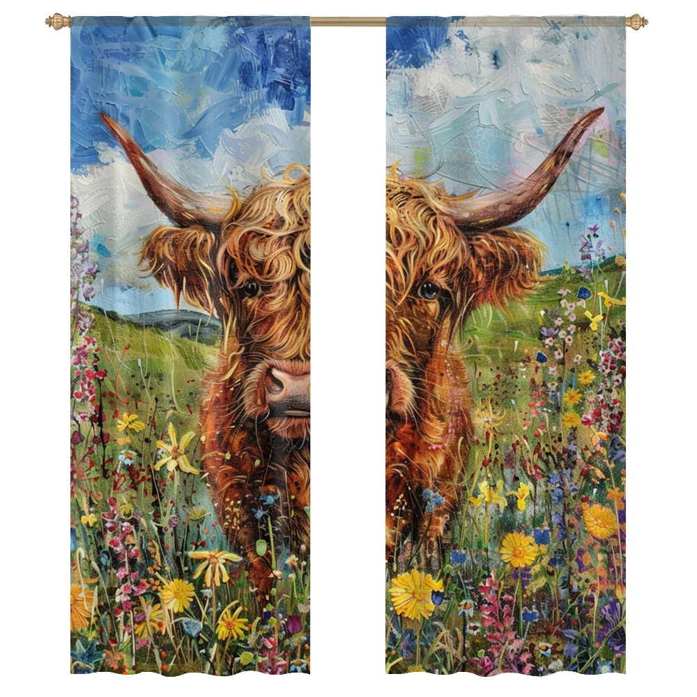 CUTE HIGHLAND COW WILD FLOWERS Tulle Curtains For Living Room Chiffon Sheer Voile Kitchen ...