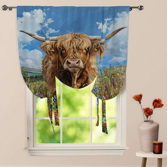 CUTE HIGHLAND COW WILD FLOWERS Window Curtain for Living Room Roman ...