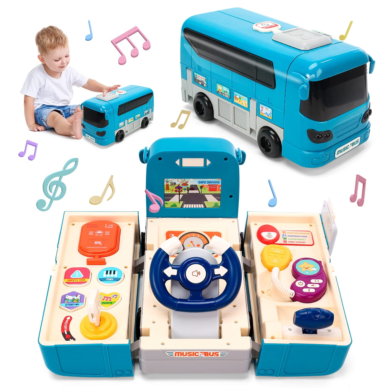 CUTE STONE Bus Car DHF10 Toy, Kids Play Vehicle with Sound and Light ...