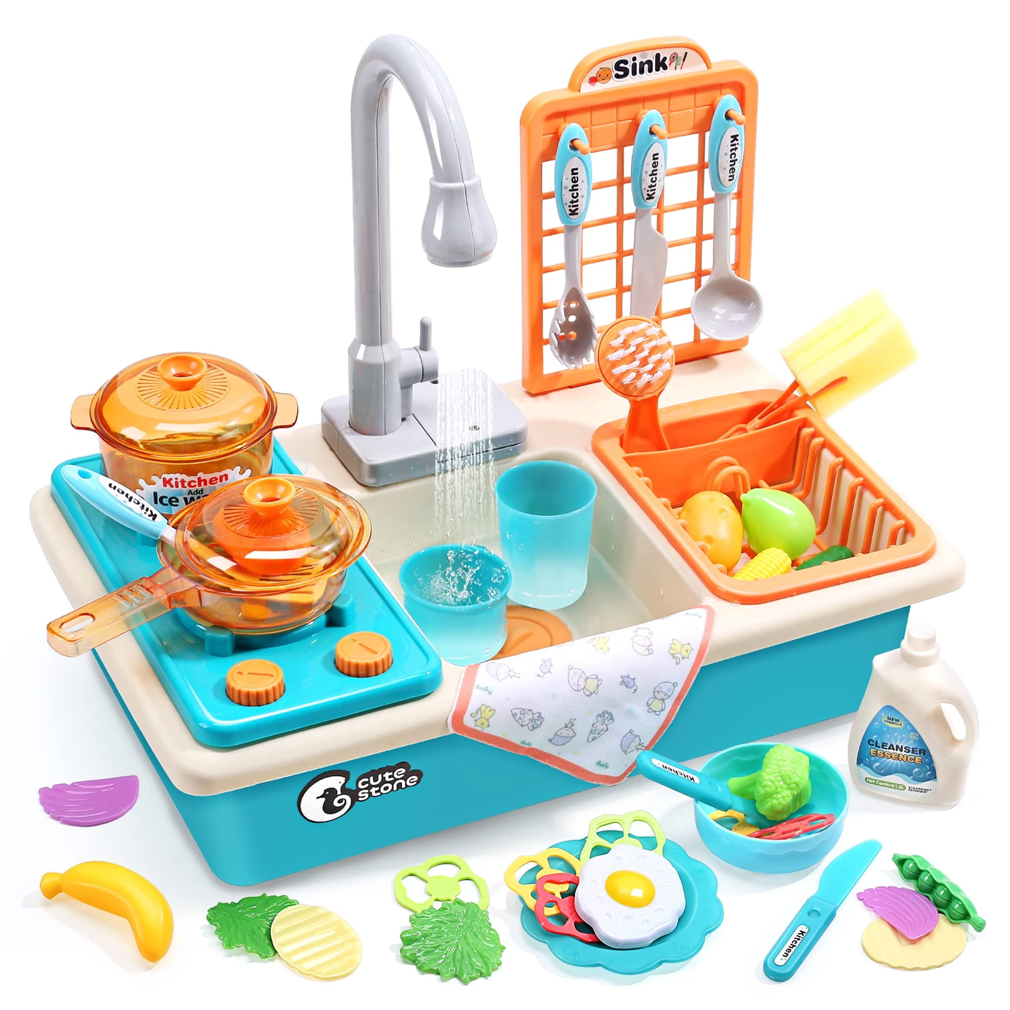 CUTE STONE Play Kitchen Sink Toys with Upgraded Real Faucet, Play ...