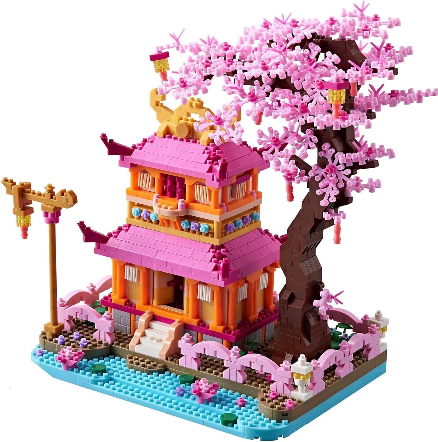 CUTEHELPER Cherry Blossom Train Station Micro Building Blocks Set ...