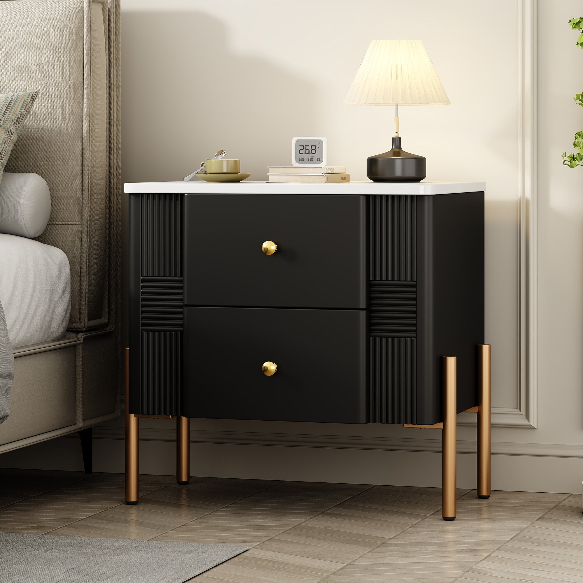 CUYD Elegant Bedside Table Fluted Design Black Finish 2 Drawer Storage ...