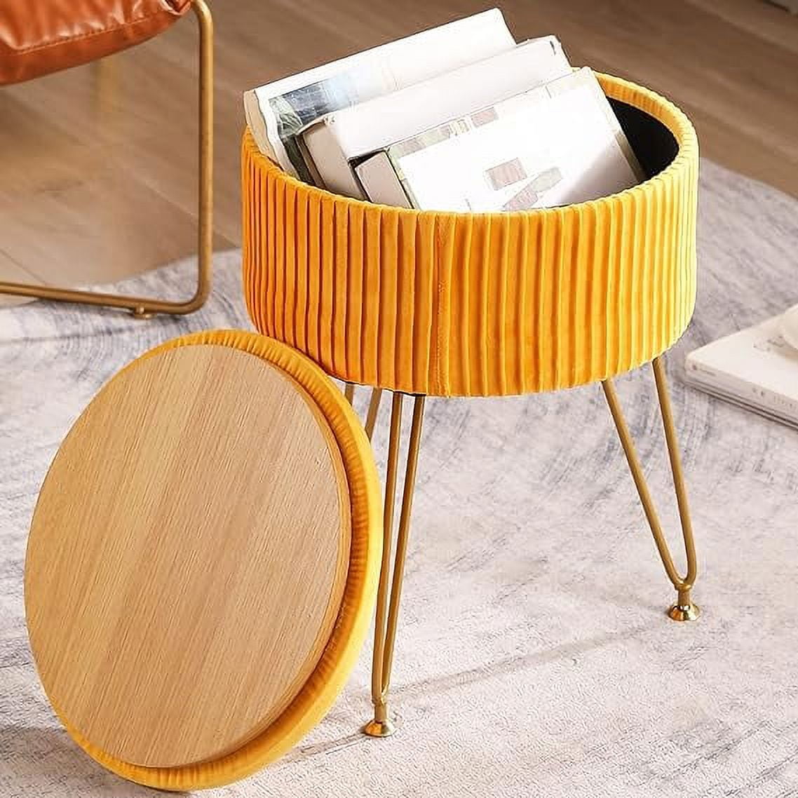 CUYOCA Round Storage Ottoman Velvet Vanity Stool with Tray, Footstool ...