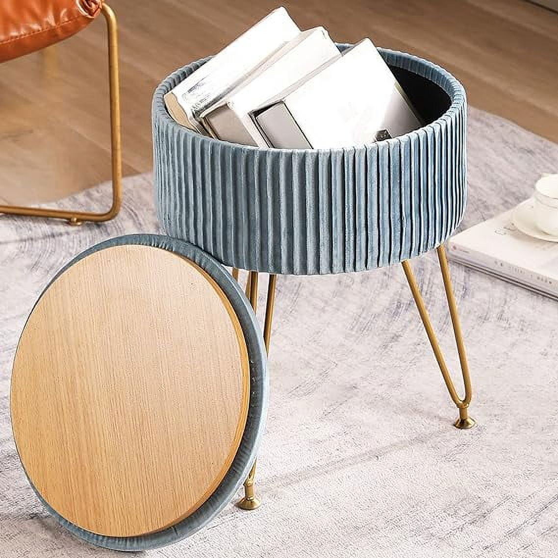 CUYOCA Round Storage Ottoman Velvet Vanity Stool with Tray, Footstool ...