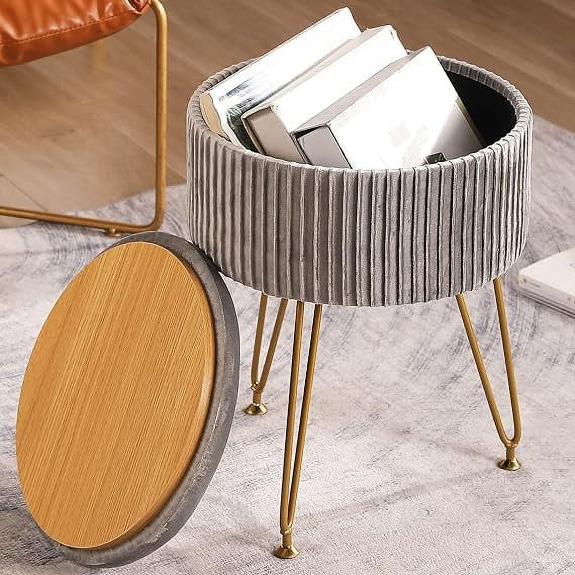 CUYOCA Round Storage Ottoman Velvet Vanity Stool with Tray, Footstool ...