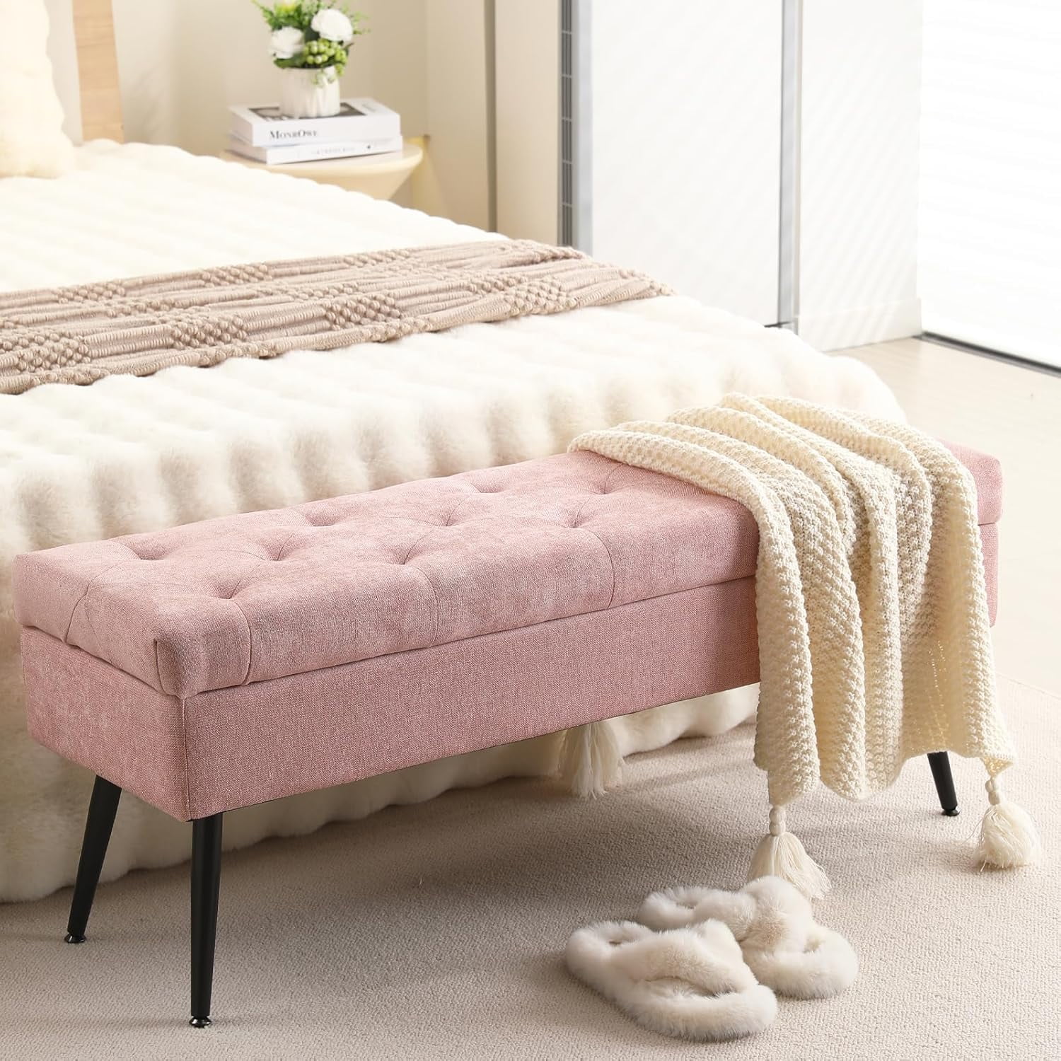 CUYOCA Storage Ottoman Bench, 43.5" Fabric Tufted Entryway Bench, Long ...