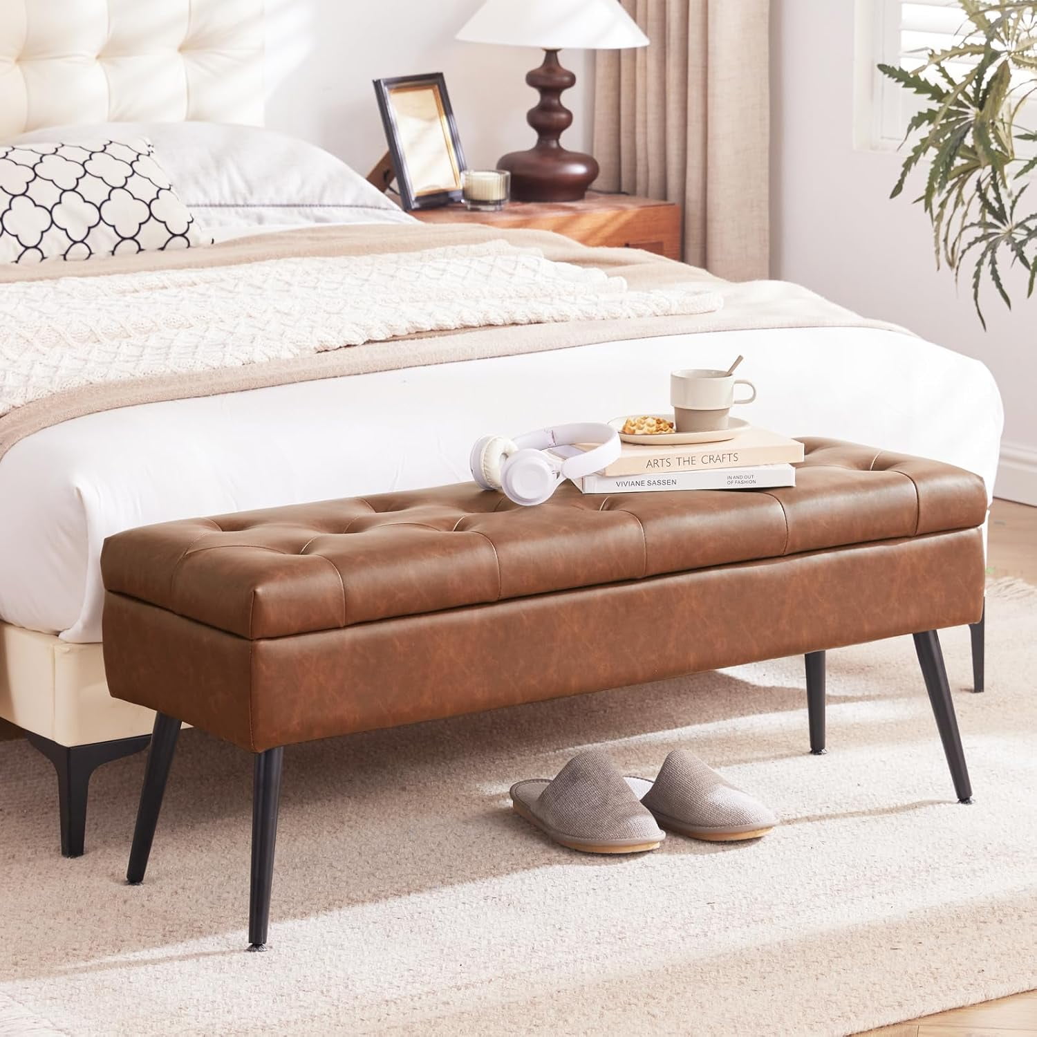 CUYOCA Storage Ottoman Bench, 43.5" Faux Leather Tufted Entryway Bench ...