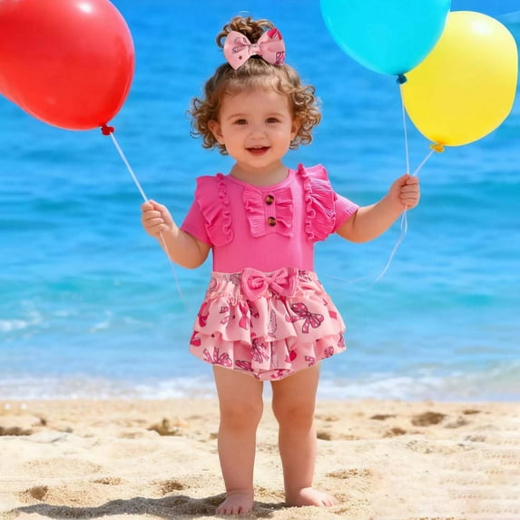 CUZIBR Baby Girls Outfits Knitted Ribbed Red Short Sleeve Ruffles ...