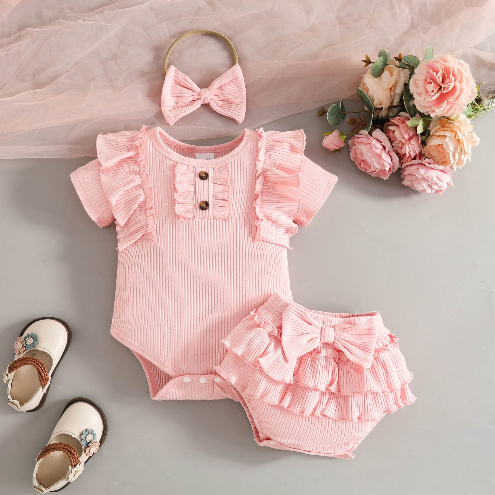 CUZIBR Baby Girls Outfits Knitted Ribbed Red Short Sleeve Ruffles ...