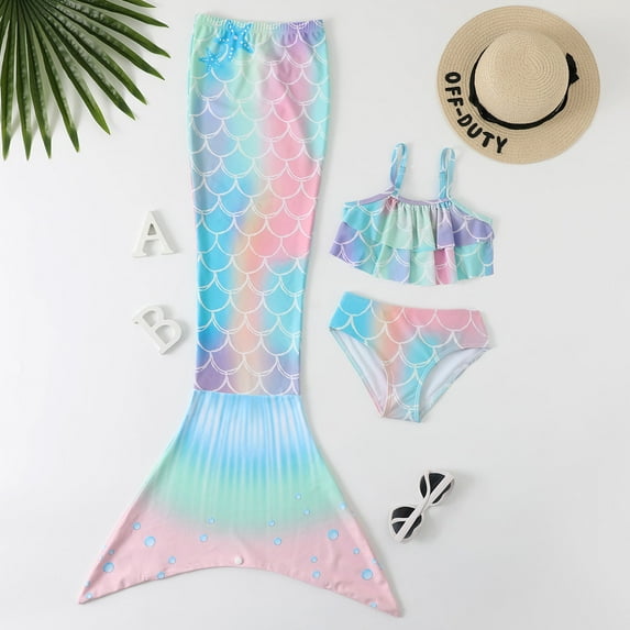 CUZIBR Baby Swimsuit 3 Piece Fish Scales Print Swimwear Ruffles Round ...