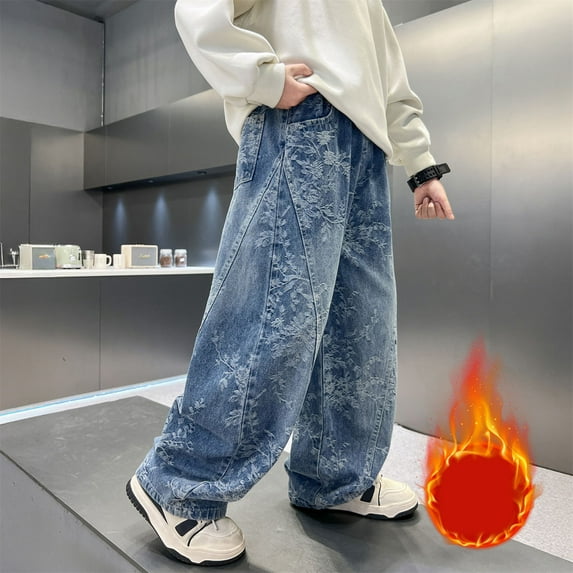 CUZIBR Boys Baggy Pants Boys Thick Lined Warm Denim Pants Straight Wide ...