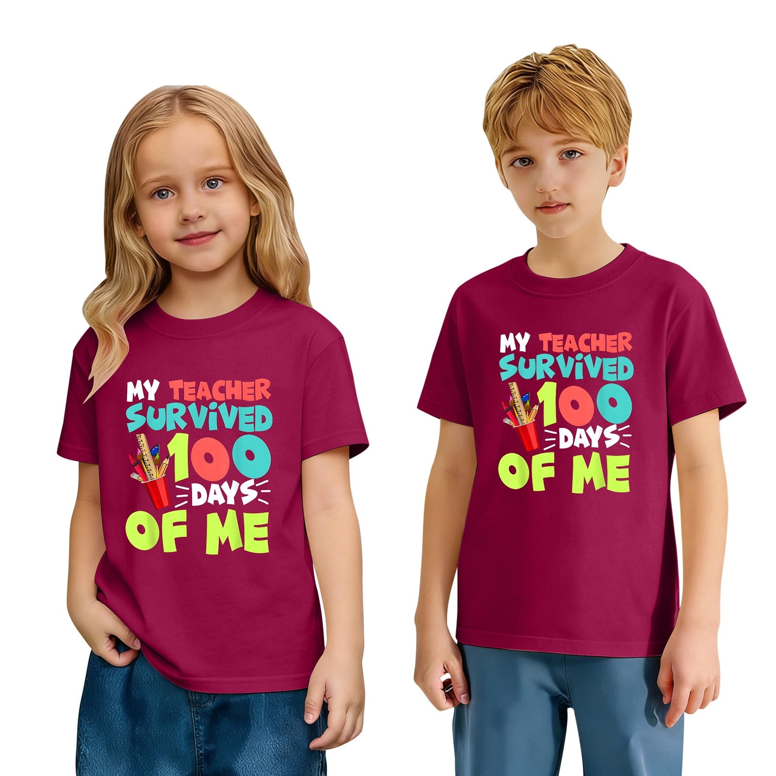 CUZIBR Boys Girls Graphic T-Shirt Print 100 Days Of School Letter Print ...