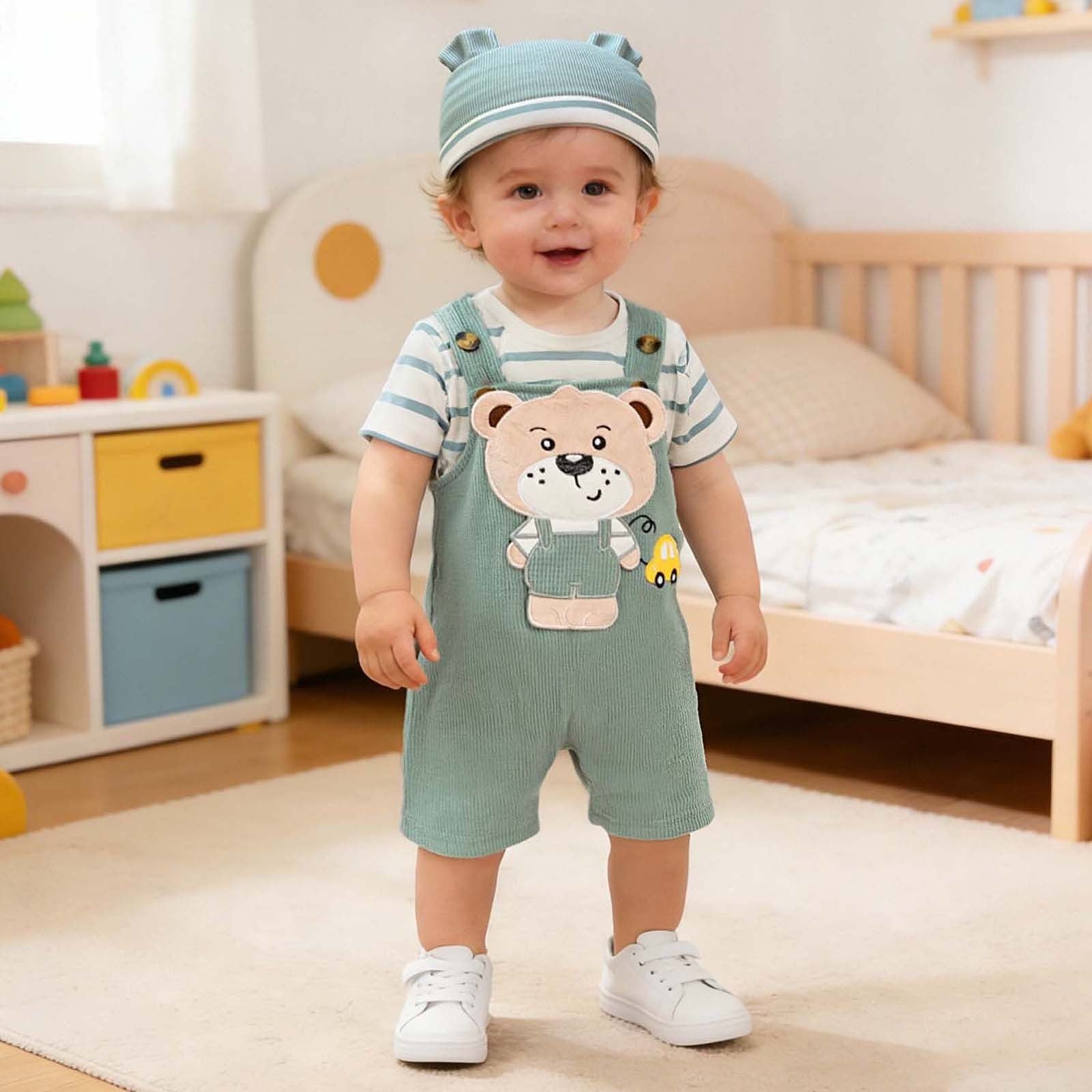 CUZIBR Boys Girls Suspender Shorts Set Short Sleeve Classic Striped ...