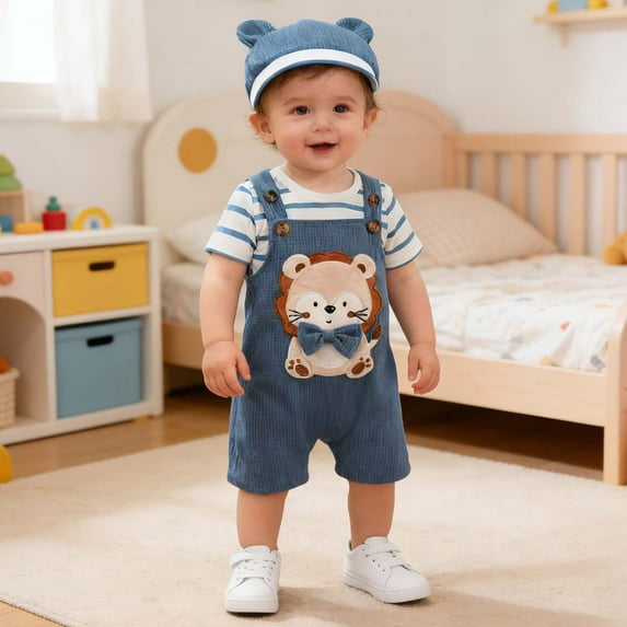 CUZIBR Boys Girls Suspender Shorts Set Short Sleeve Classic Striped ...