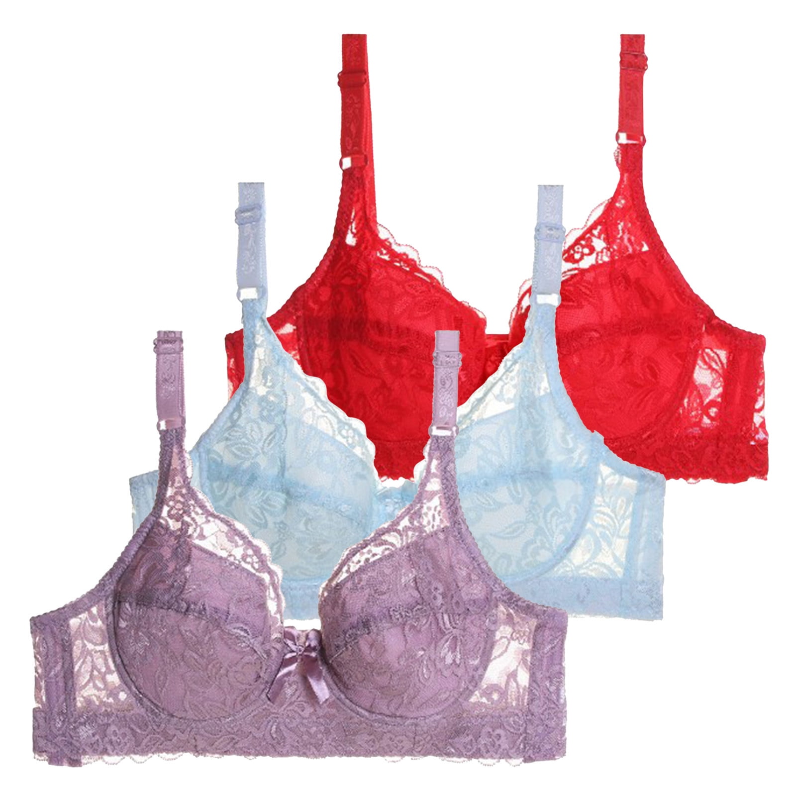 CUZIBR Bras For Women 3Pcs Lace Cute Bow Solid Color Classic Underwire ...