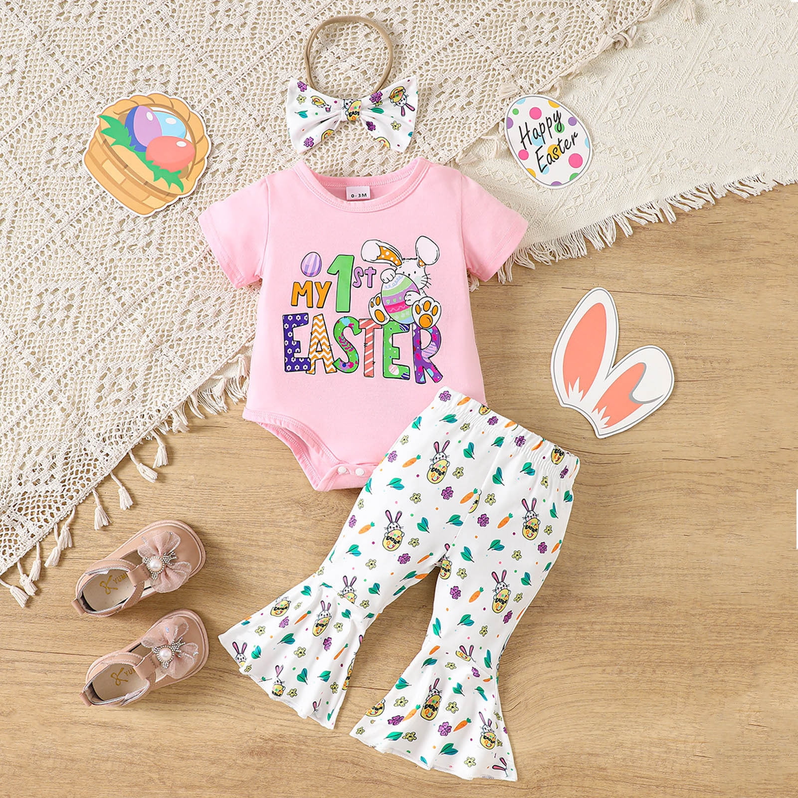 CUZIBR Girls Baby Toddler Easter Romper Outfits 3 Piece Sets Short ...